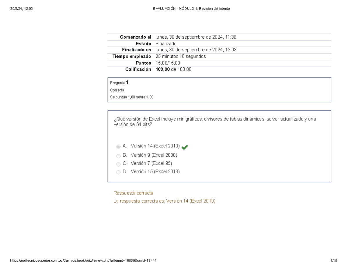 Evaluación - Módulo 1 Revisión del intento - Comenzado el lunes, 30 de septiembre de 2024, 11 ...