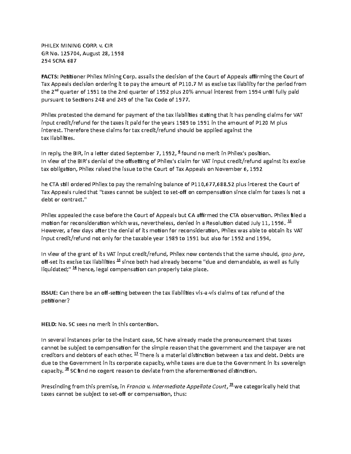 44. Philex Mining vs CIR Digest - PHILEX MINING CORP. v. CIR GR No ...