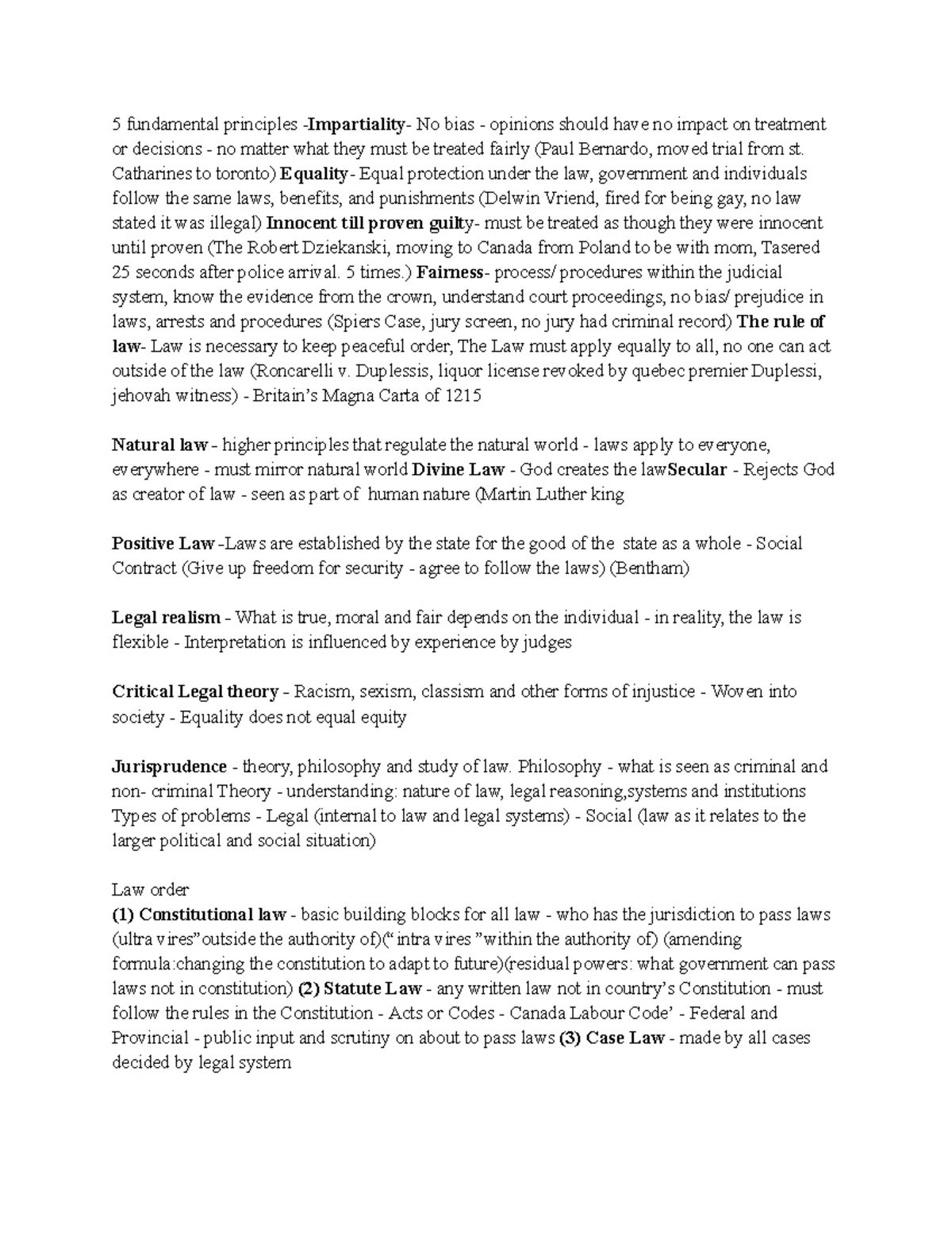 Unit 1 - law reference/review sheet - 5 fundamental principles ...
