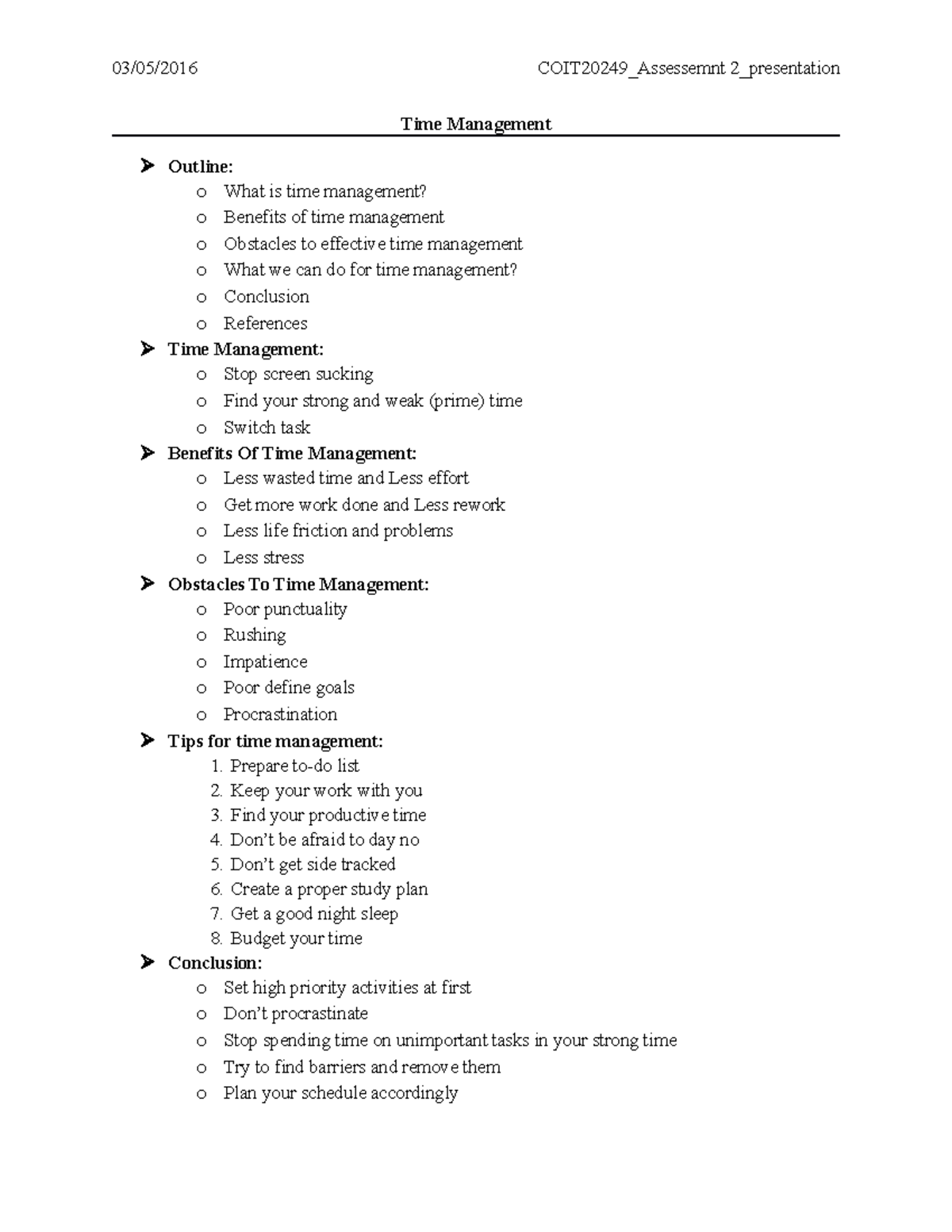Time Management handout - 03/05/2016 COIT20249_Assessemnt 2 ...