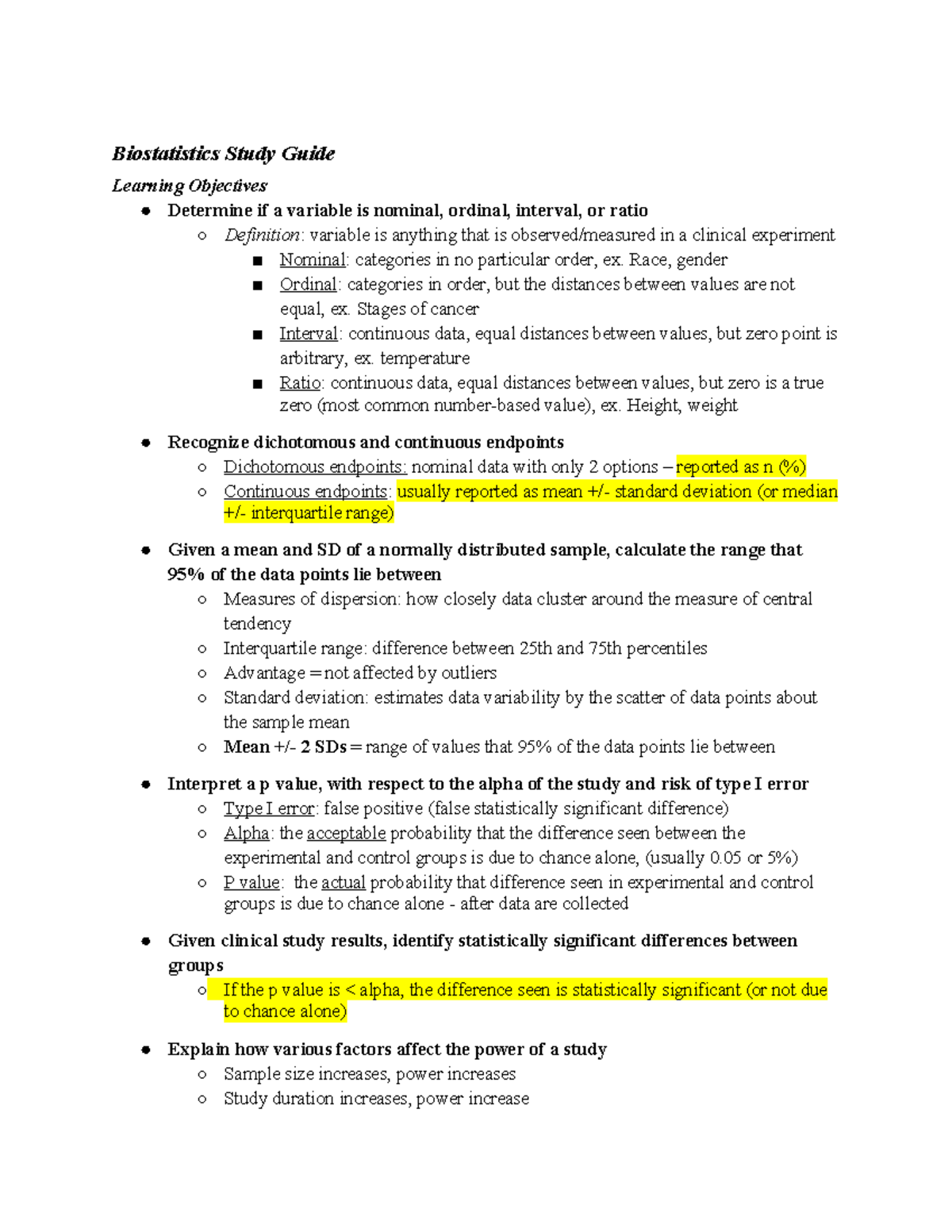 Biostats Study Guide - Biostatistics Study Guide Learning Objectives ...