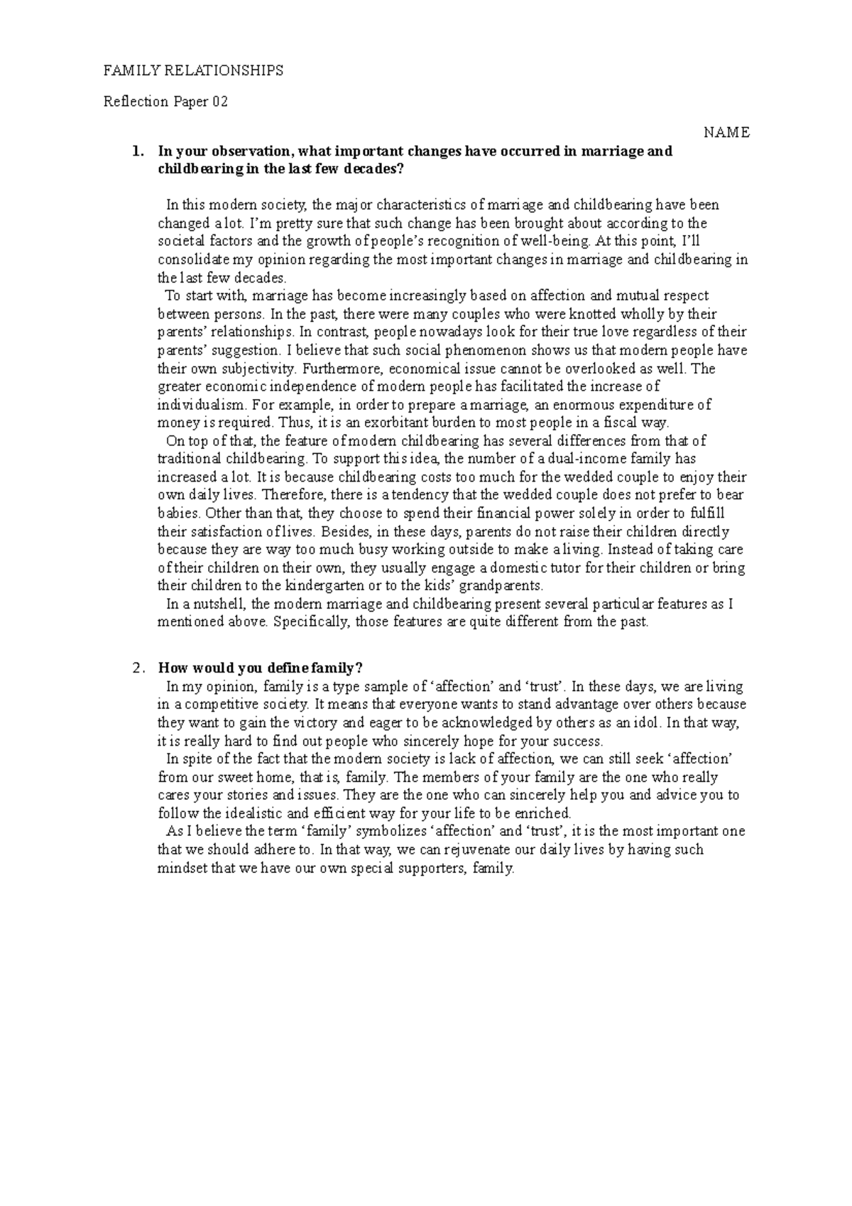 Reflection 2 - 최희정 교수님의 국제어 강의 교수님께서 매주 과제로 내주시는 - FAMILY RELATIONSHIPS ...