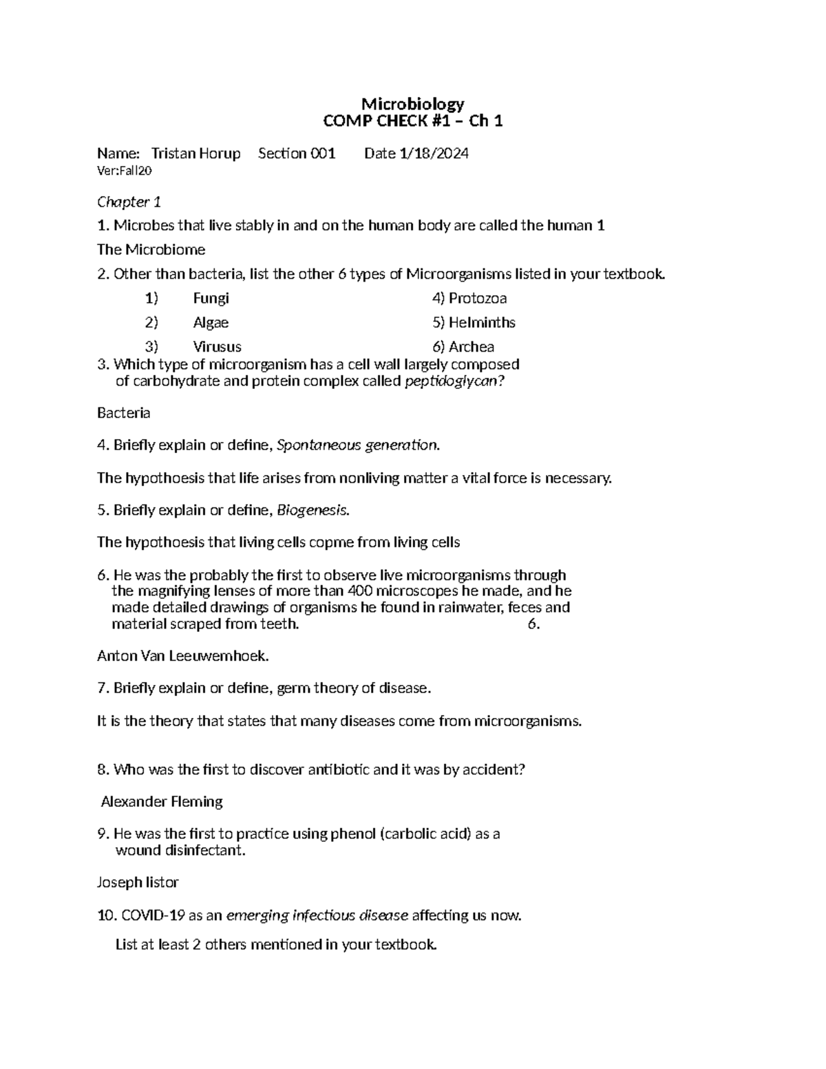 Comp Check Chapter 1 - Microbiology COMP CHECK #1 – Ch 1 Name: Tristan ...