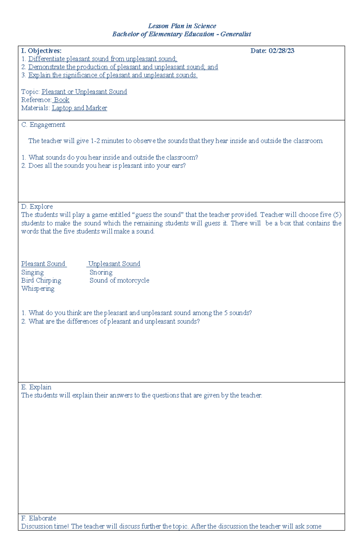 LESSON PLAN FOR ELEMENTRAY EDUCATION - Lesson Plan in Science Bachelor ...