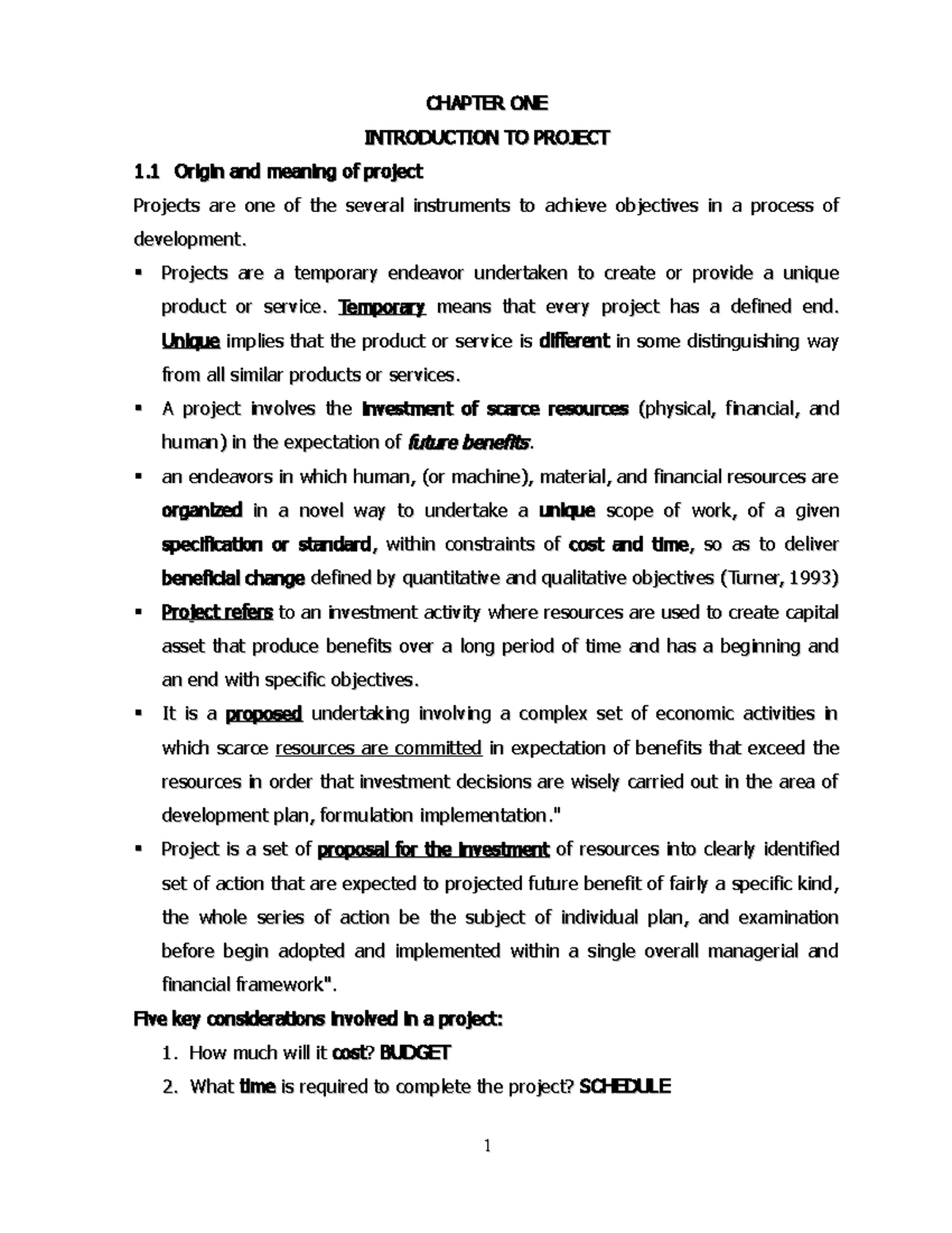 Project Mgt chapter - CHAPTER ONE CHAPTER ONE INTRODUCTION TO PROJECT ...