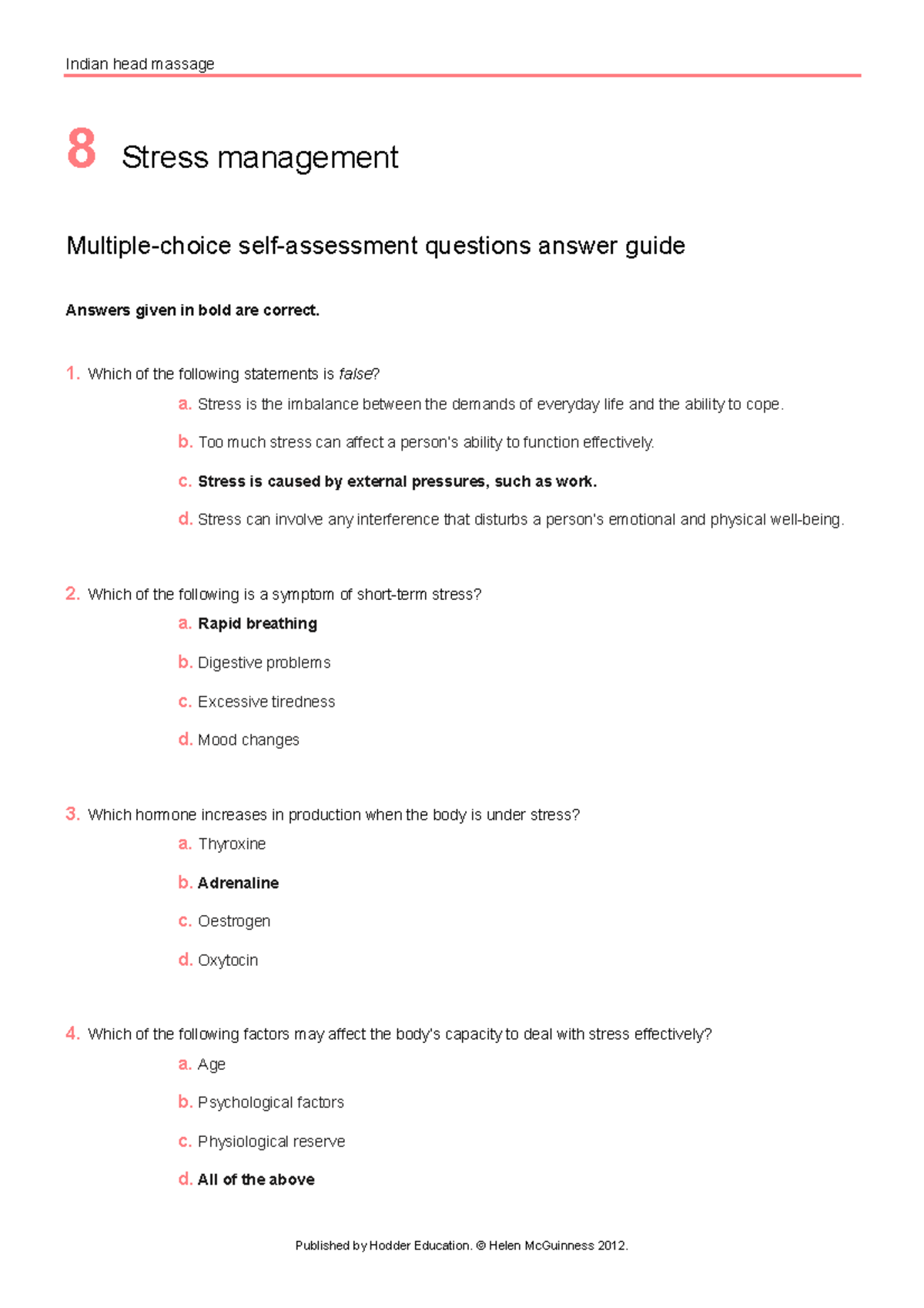 stress mgt mcq answer guide - Indian head massage Published by Hodder ...