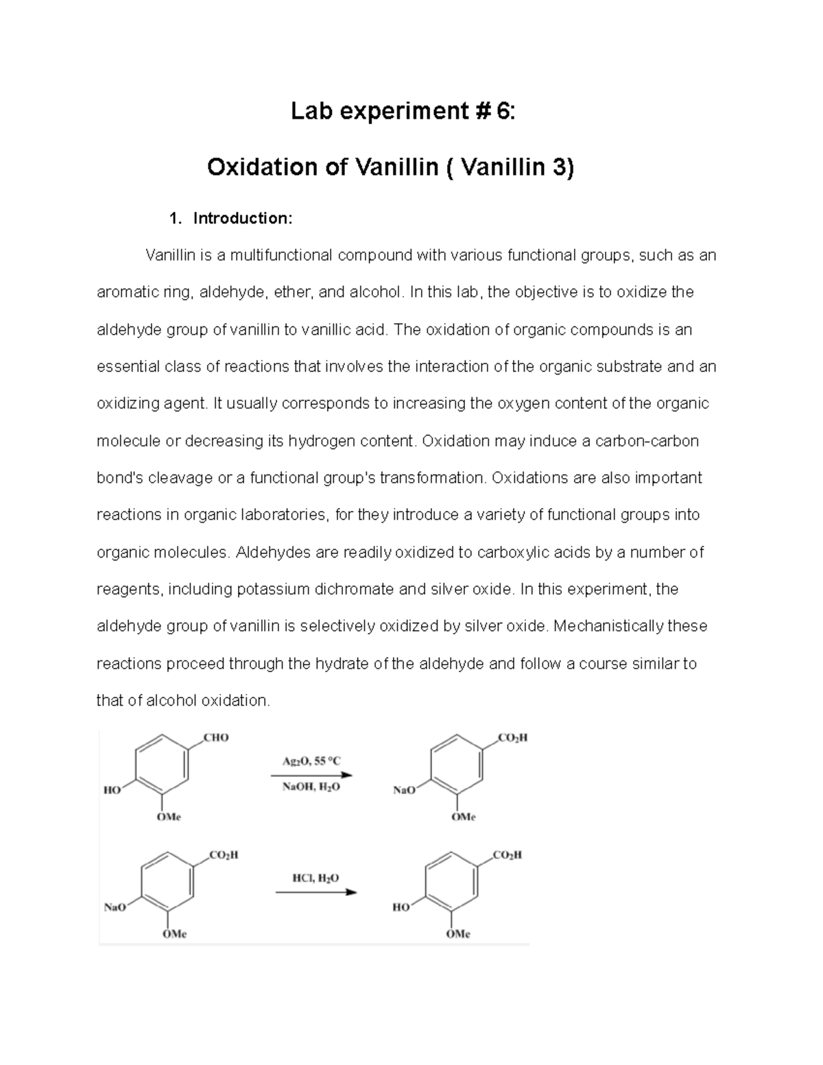 Oxidation of Vanillin - lab report - Lab experiment # 6: Oxidation of ...