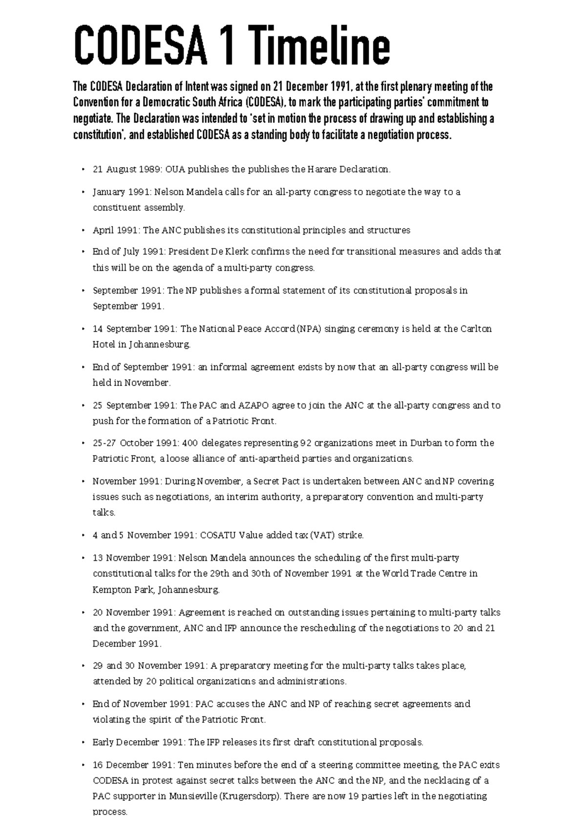 CODESA-Notes and Timelines. South African History - HSY1512 - Unisa ...