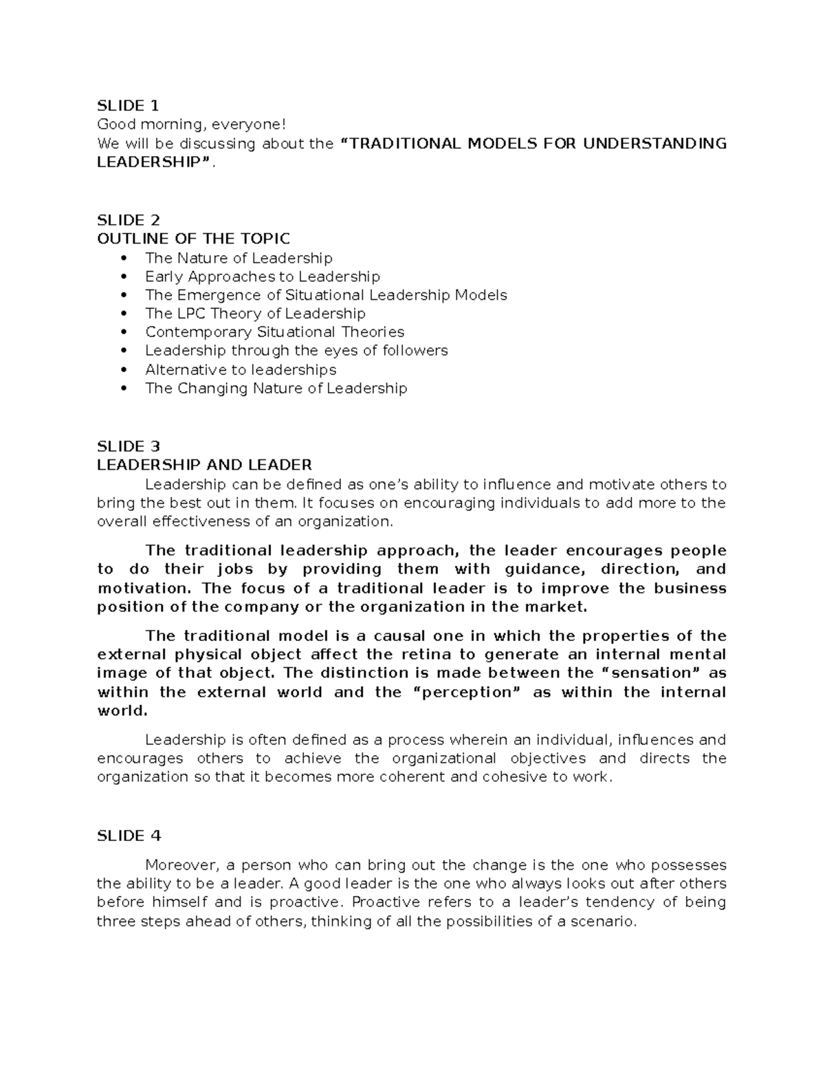 [ Script] Traditional Models FOR Understanding Leadership - SLIDE 1 ...