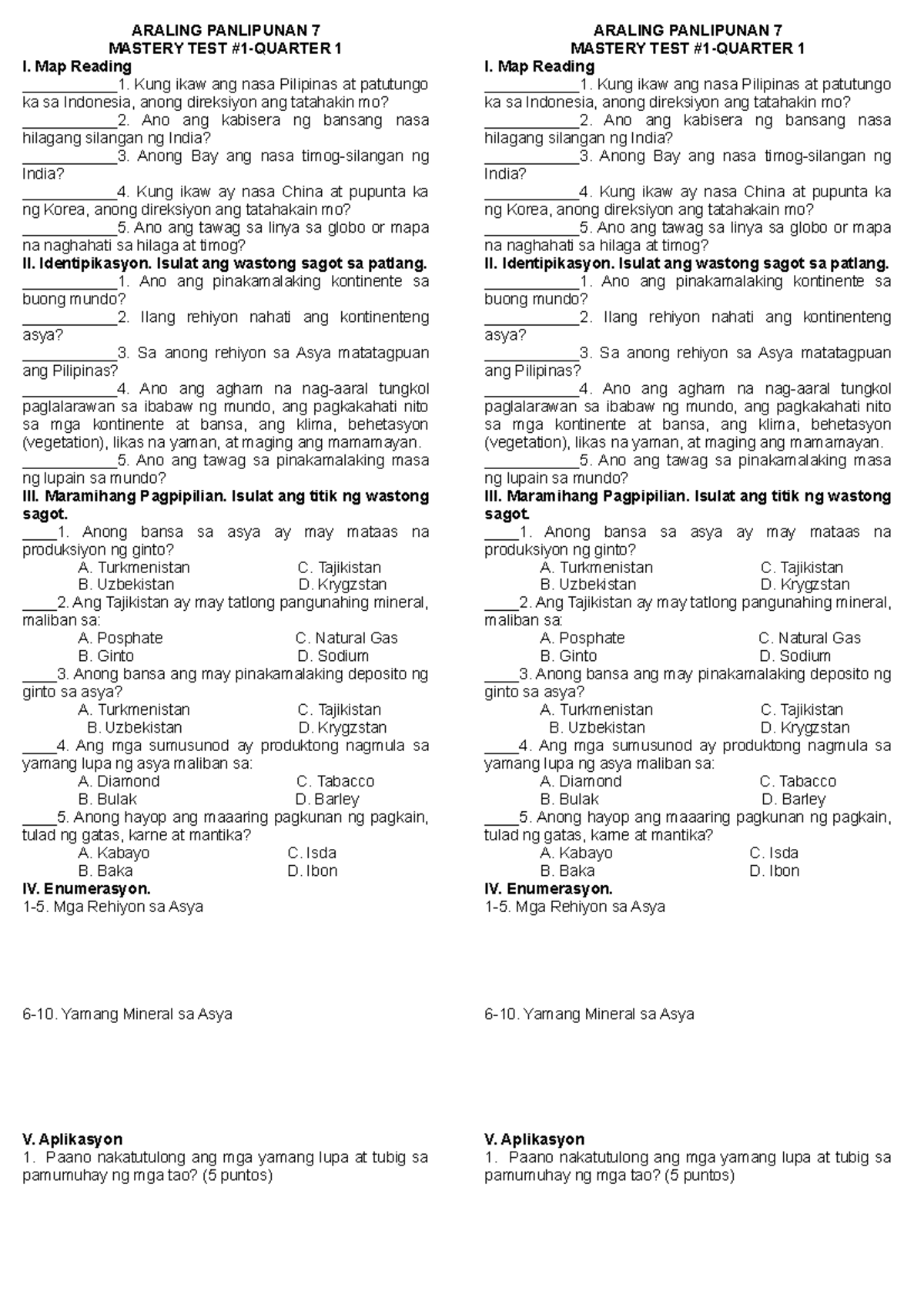 Mastery TEST AP7 - credit to the owner - ARALING PANLIPUNAN 7 MASTERY ...
