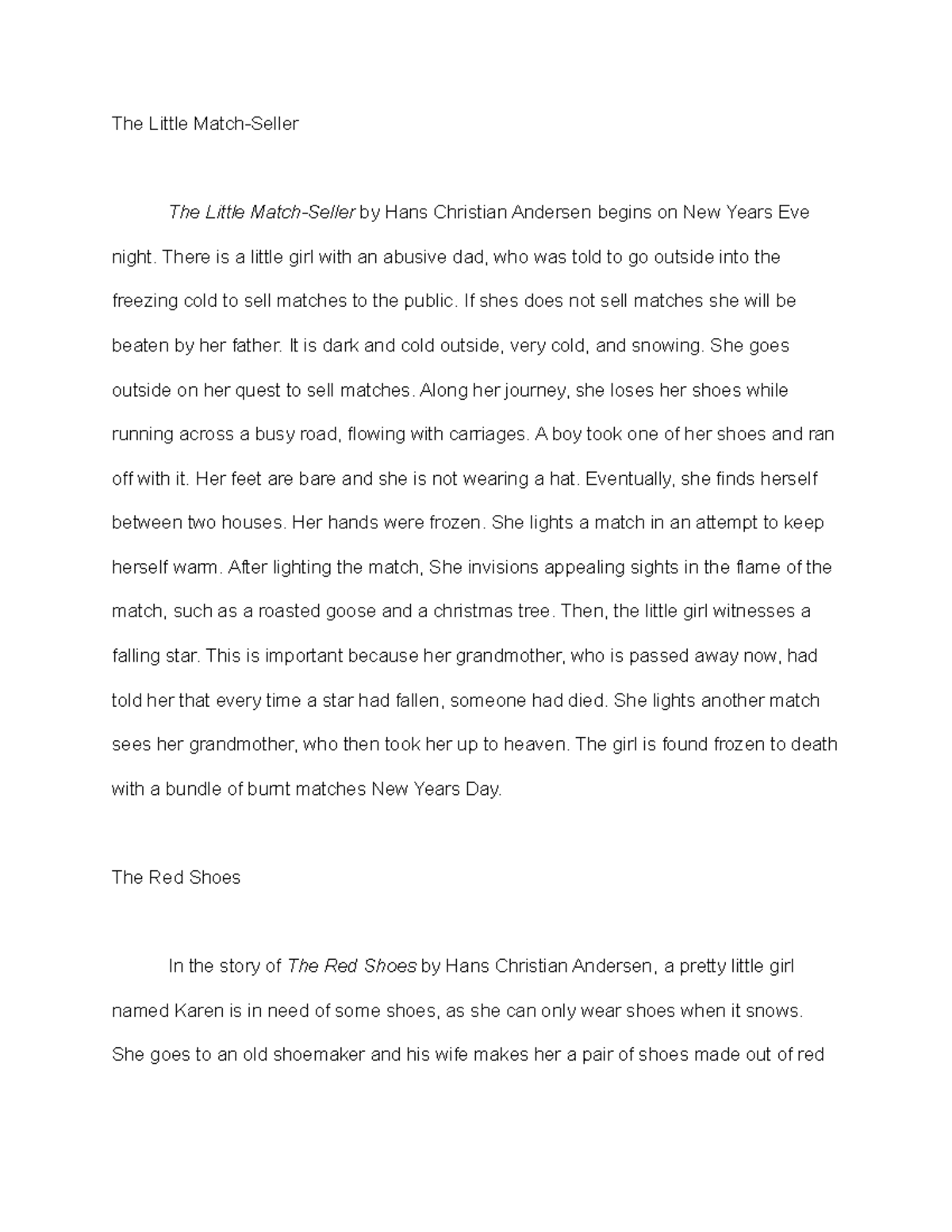 English Summaries - Summary of "The Little Match-Seller by Hans ...