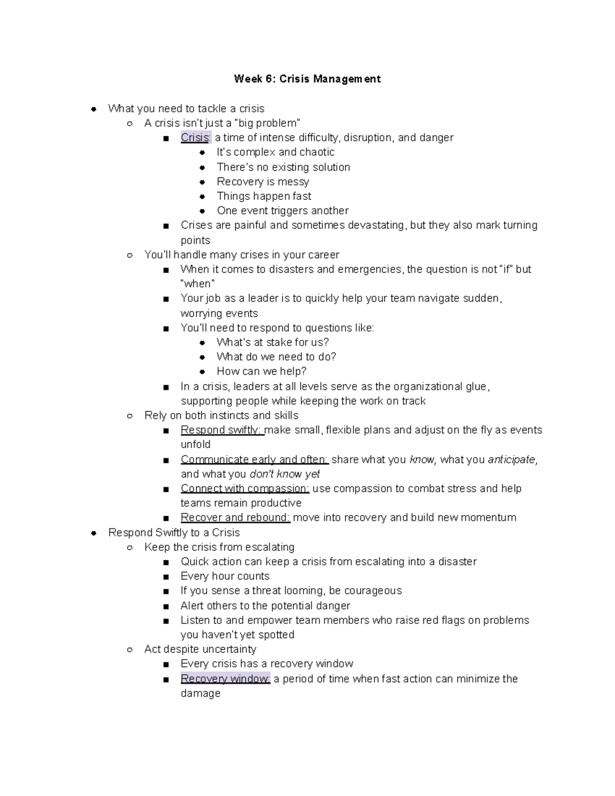 Week 6 Crisis Management - Week 6: Crisis Management What you need to ...