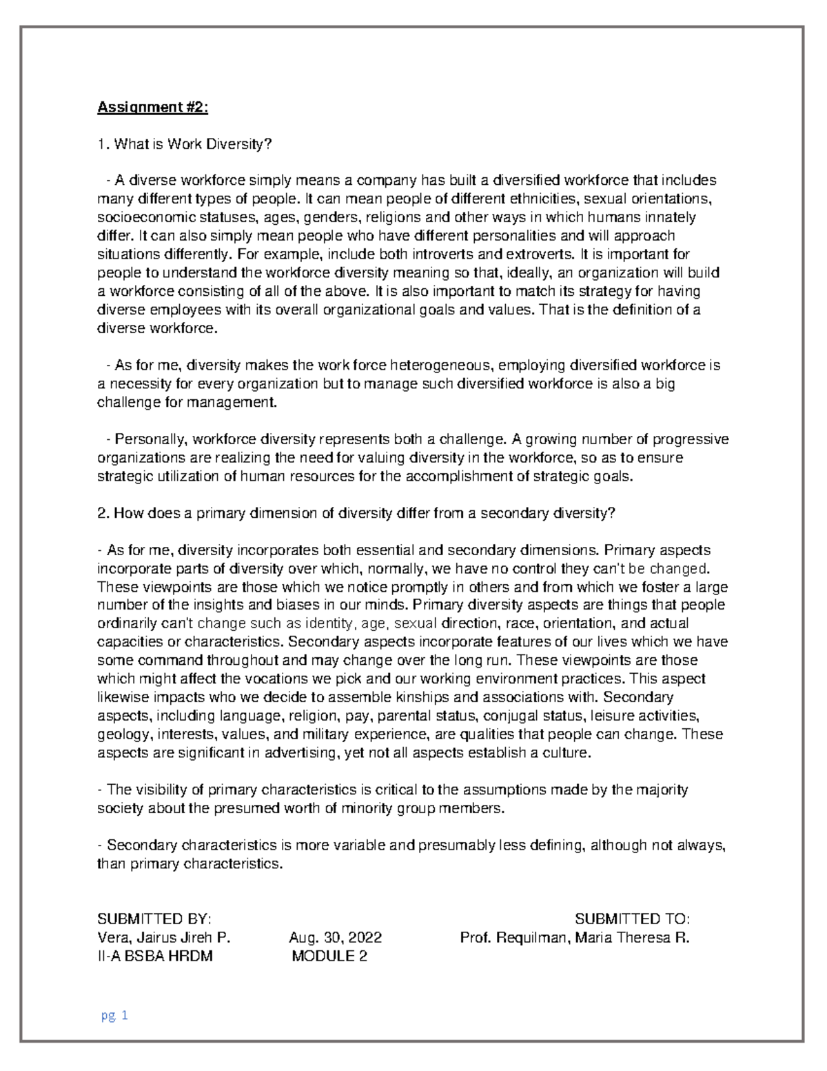 VERA Jairus Jireh P. - Assignment 2- Module 2 - Assignment #2: What is Work Diversity? A diverse ...