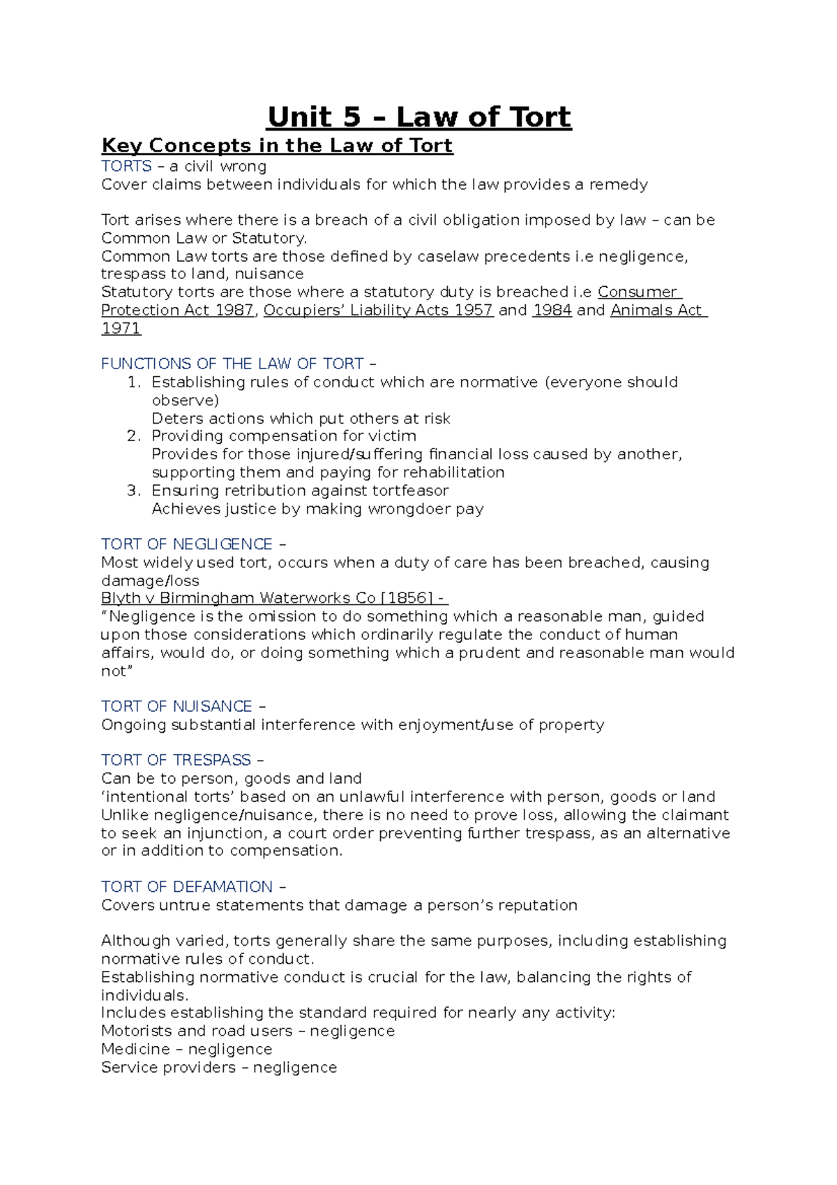 Law of Tort Notes - Unit 5 – Law of Tort Key Concepts in the Law of ...