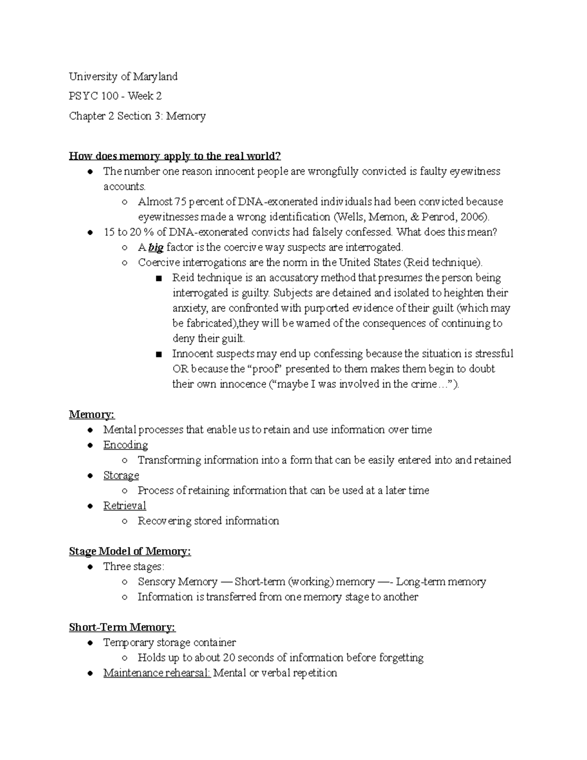 Week 2 Chapter 2 Sec. 3 Memory - University of Maryland PSYC 100 - Week 2 Chapter 2 Section 3 ...