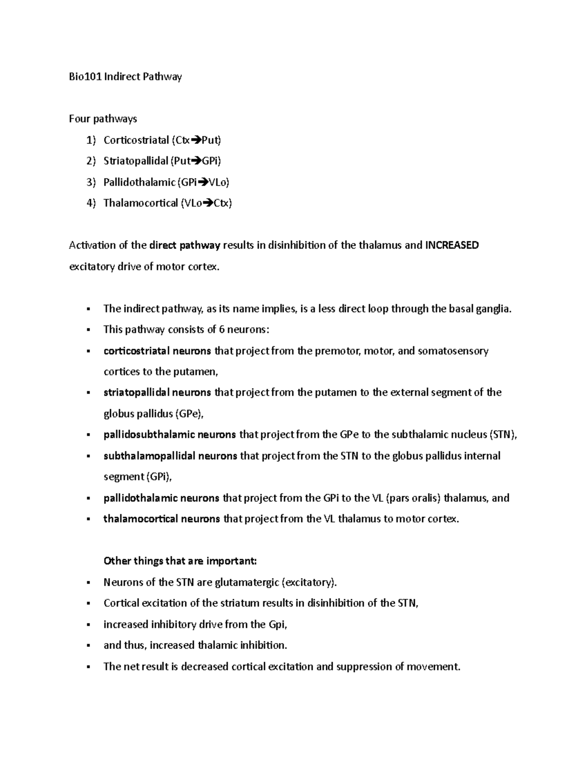 Bio101 Indirect Pathway - § The indirect pathway, as its name implies ...