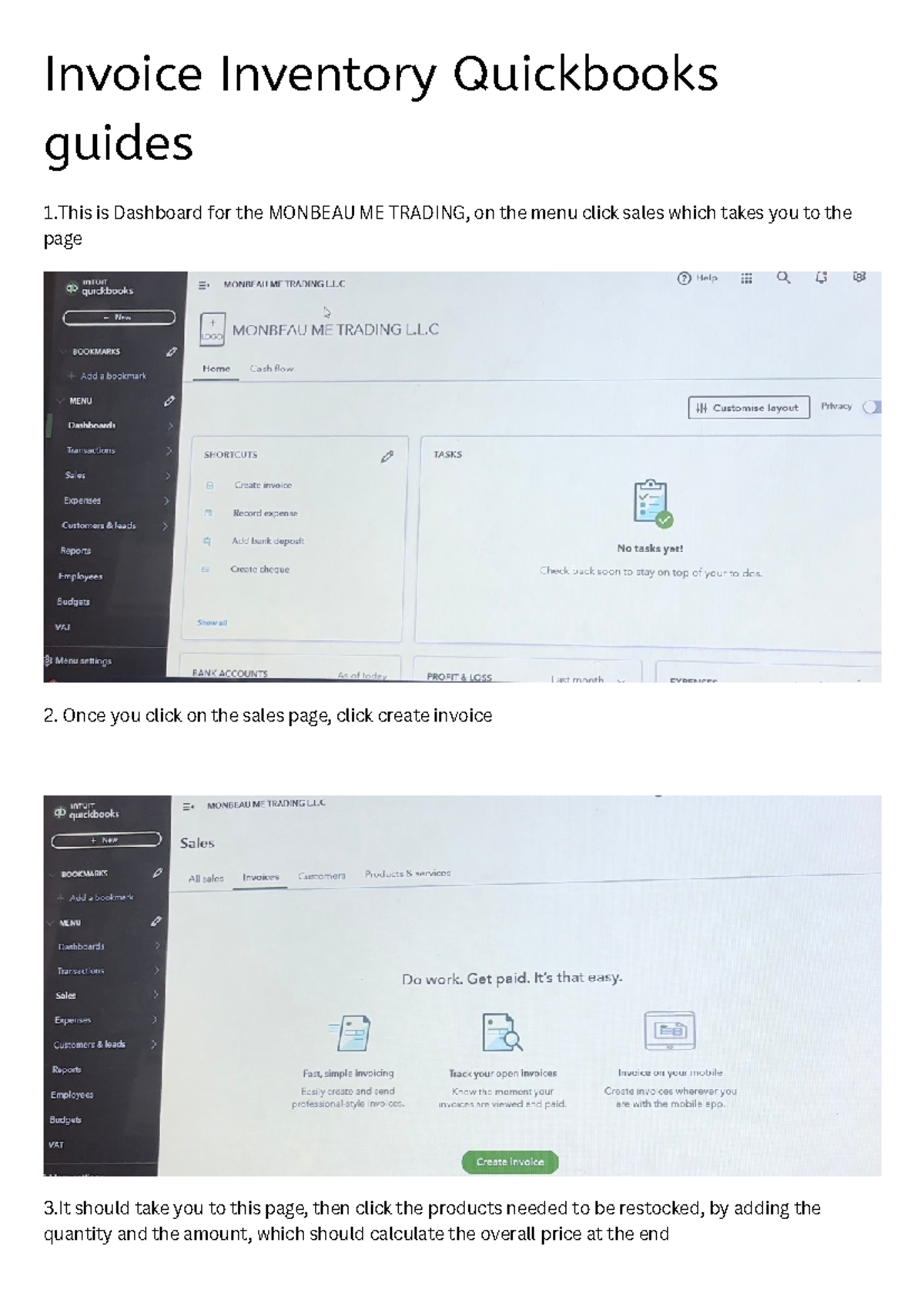Invoice Inventory Quickbooks guides - Once you click on the sales page ...