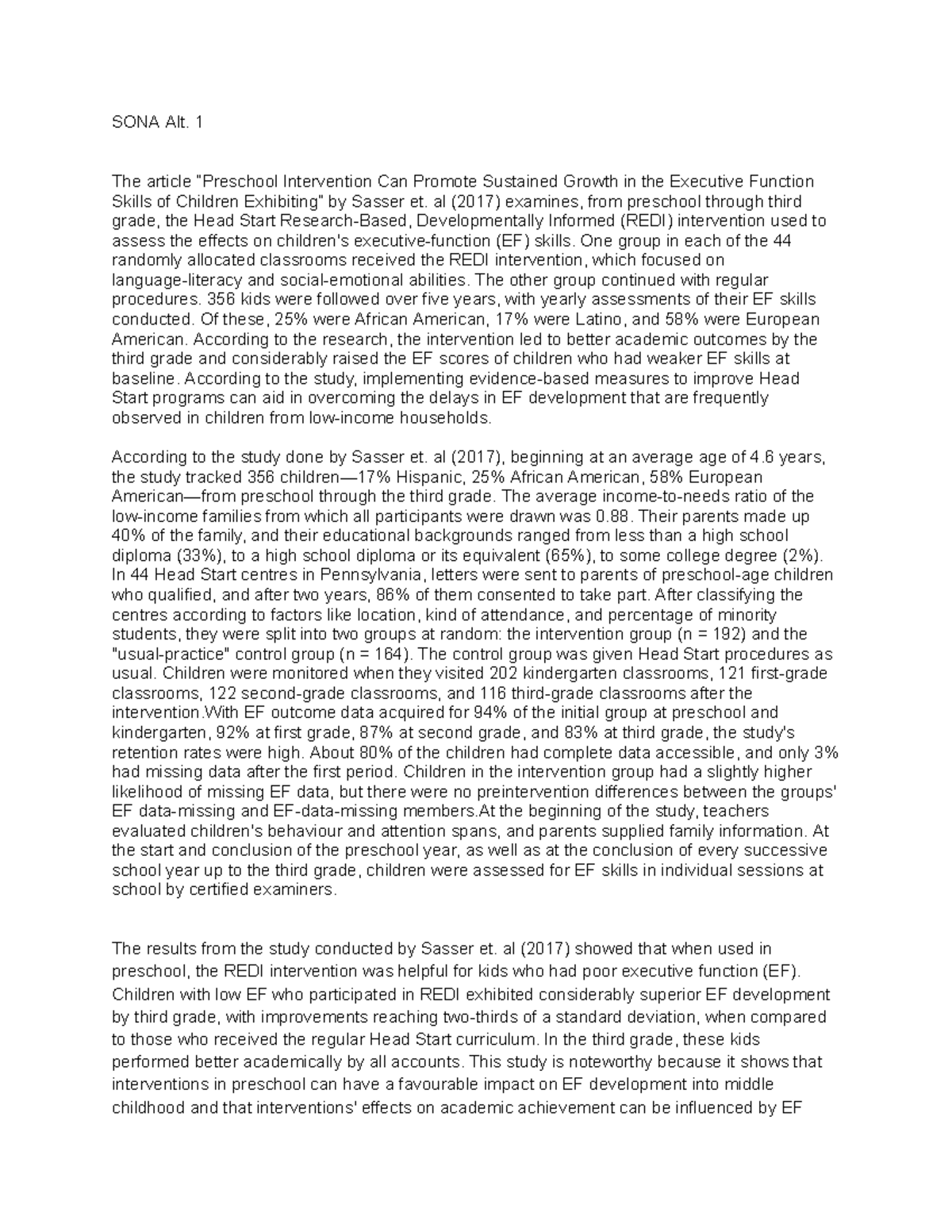 SONA Alt 1 - SONA - SONA Alt. 1 The article “Preschool Intervention Can ...