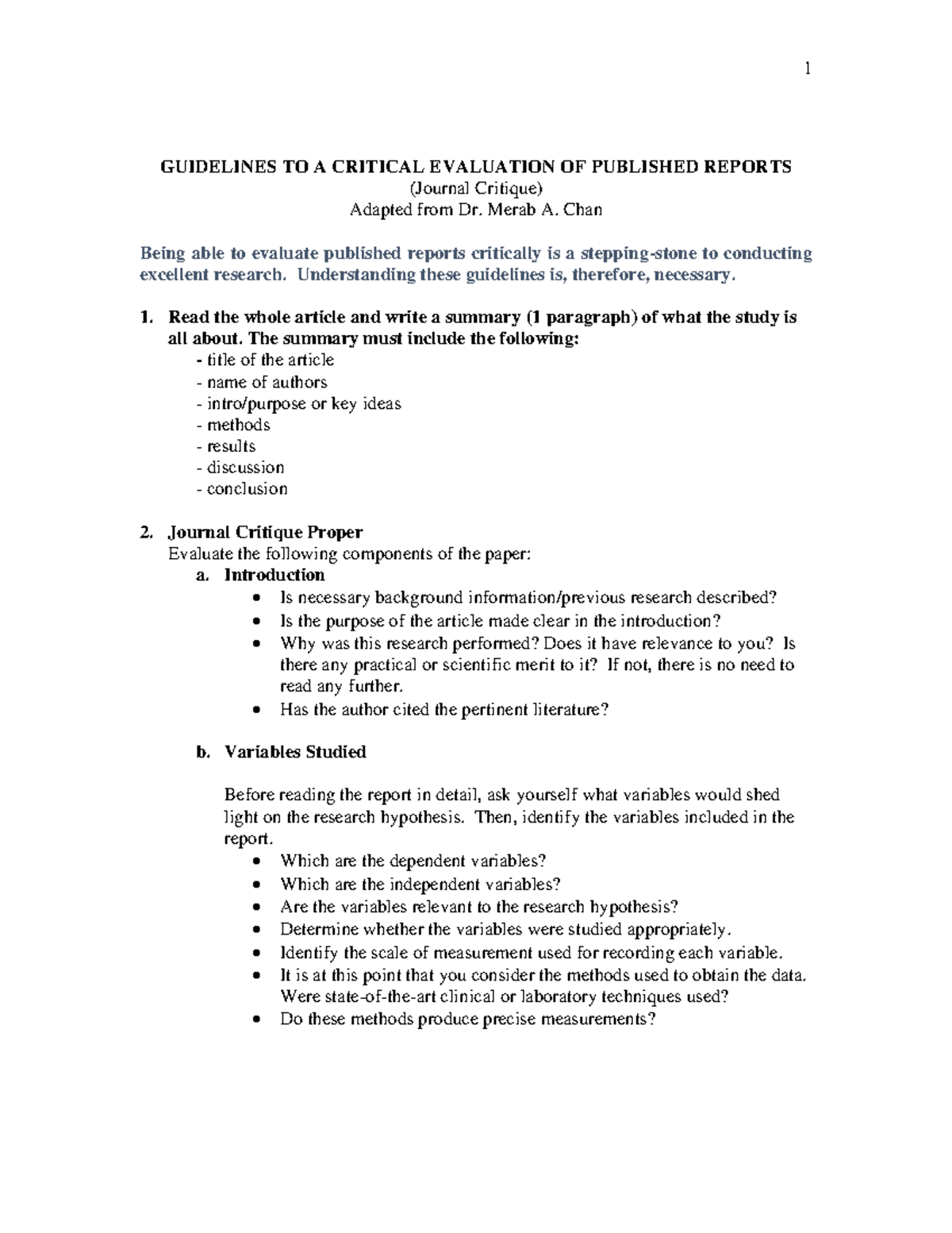 Journal Critiquing Guidelines - GUIDELINES TO A CRITICAL EVALUATION OF ...