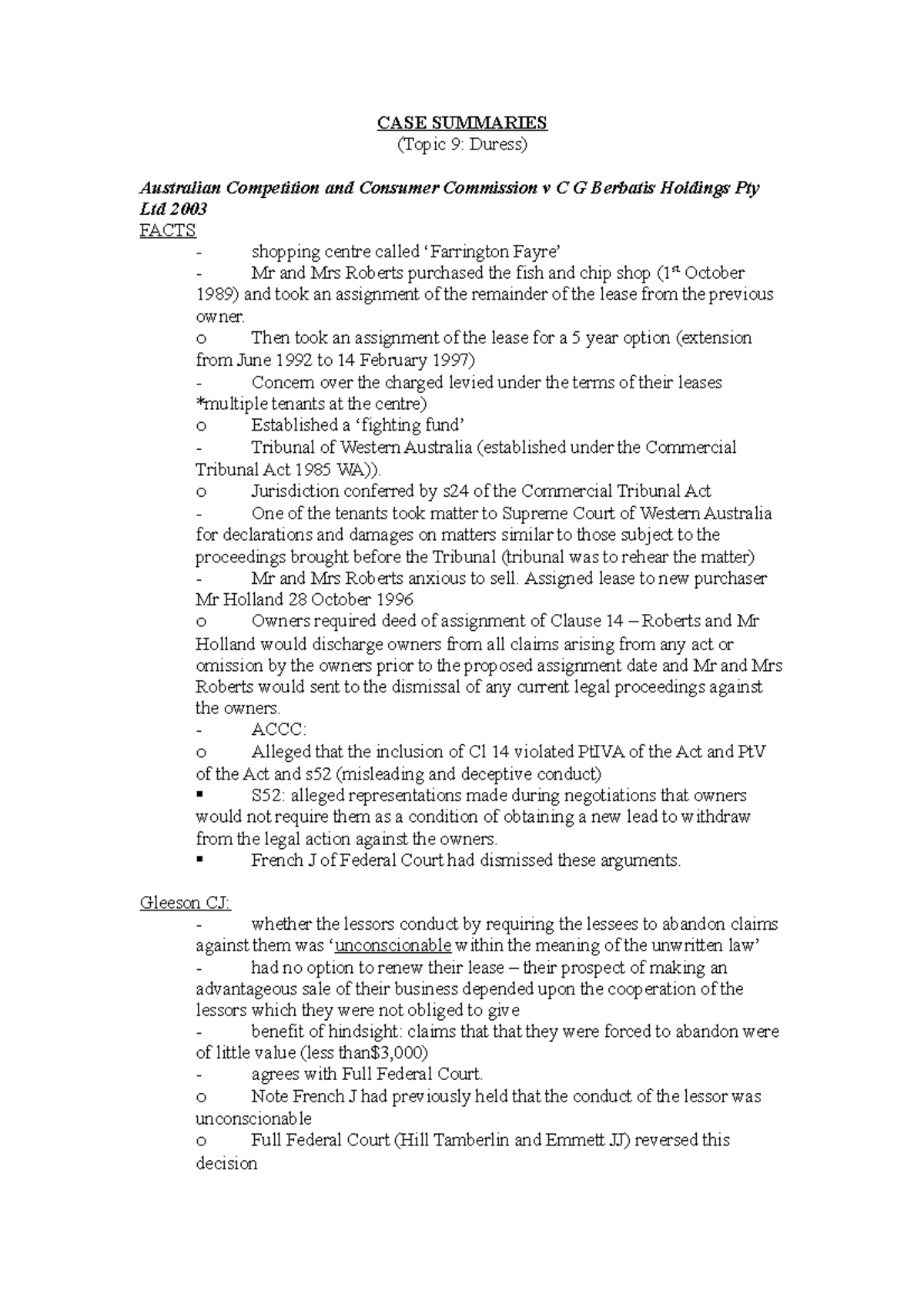 Summary - Duress Case Summaries - CASE SUMMARIES (Topic 9: Duress ...