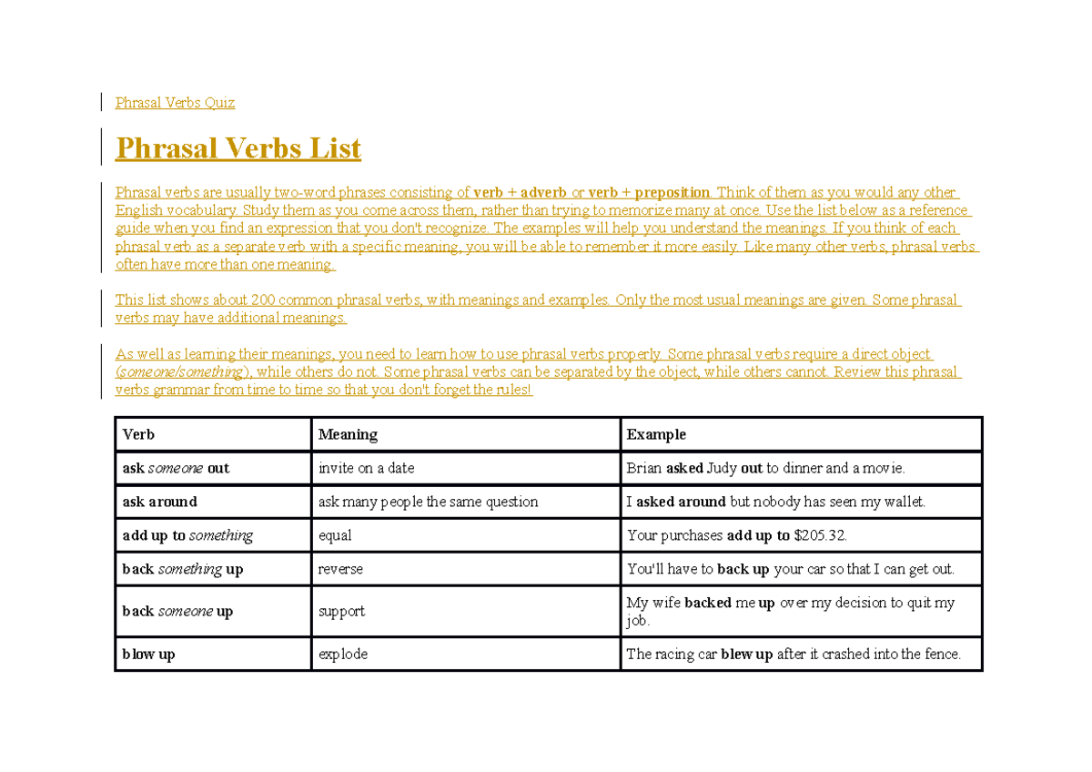 Phrasal Verbs Quiz - ... - Phrasal Verbs Quiz Phrasal Verbs List ...