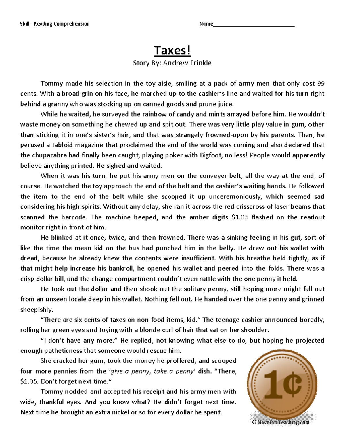 6taxes sixth grade reading comprehension worksheet - Skill - Reading ...