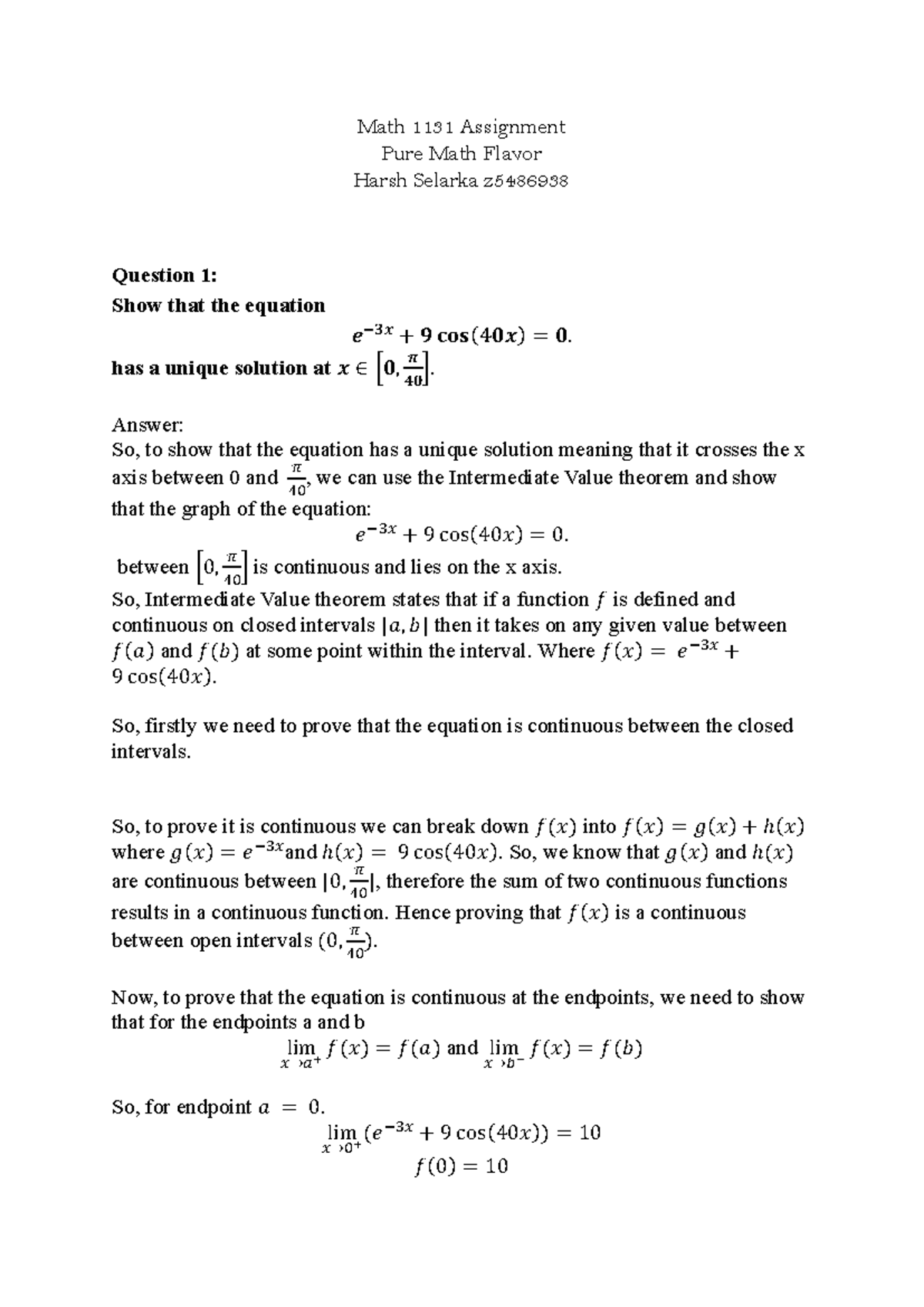 Math Assignment - Math 1131 Assignment Pure Math Flavor Harsh Selarka z Question 1 : Show that ...