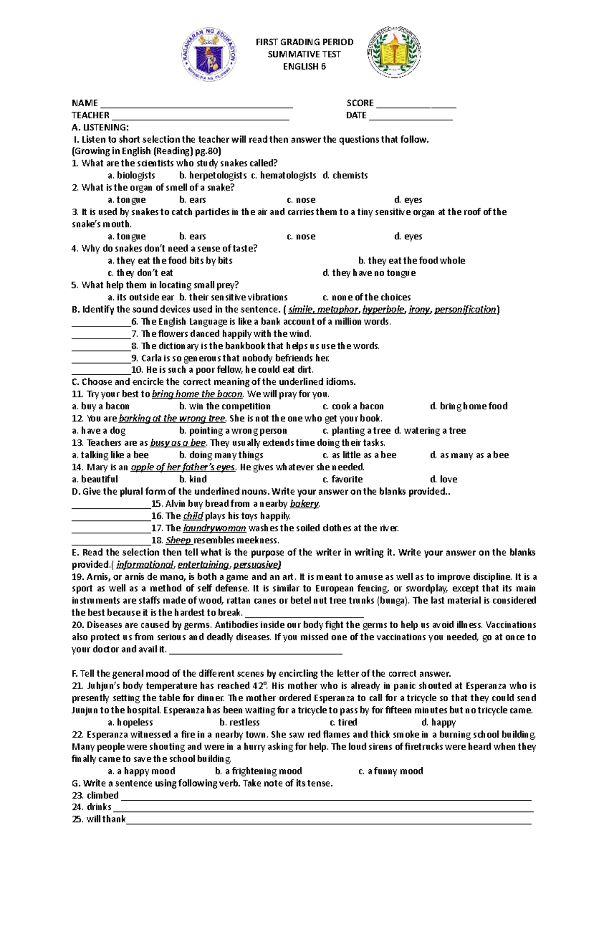 ST 1 English 6 Q1 - Summative test - FIRST GRADING PERIOD SUMMATIVE ...