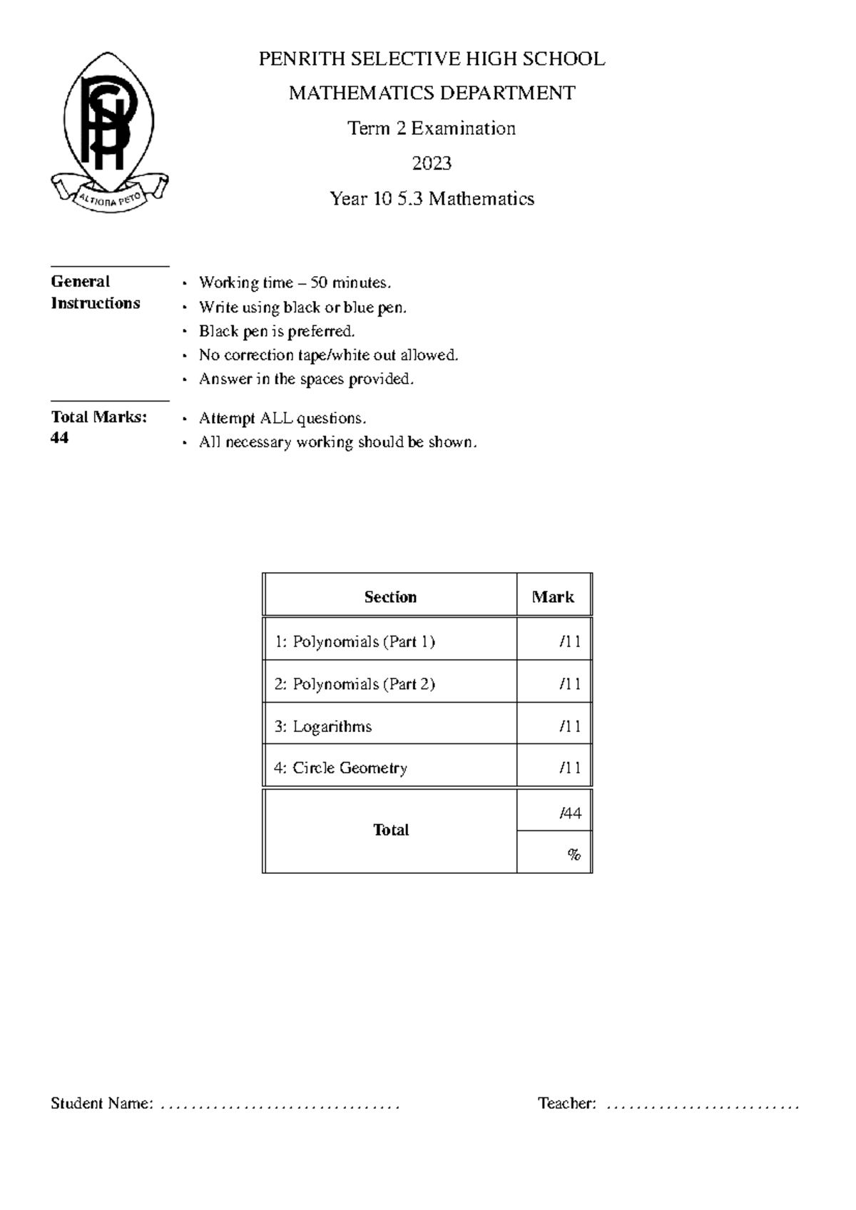 2023 Yr 10 Term 2 Exam - 2023 Yr 10 Term 2 Exam - PENRITH SELECTIVE HIGH SCHOOL MATHEMATICS ...