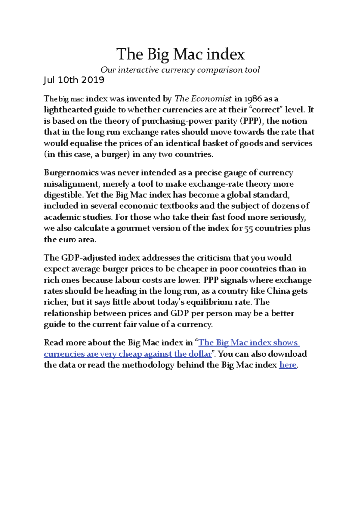 Financial Review Burgernomics Reading - The Big Mac index Our ...
