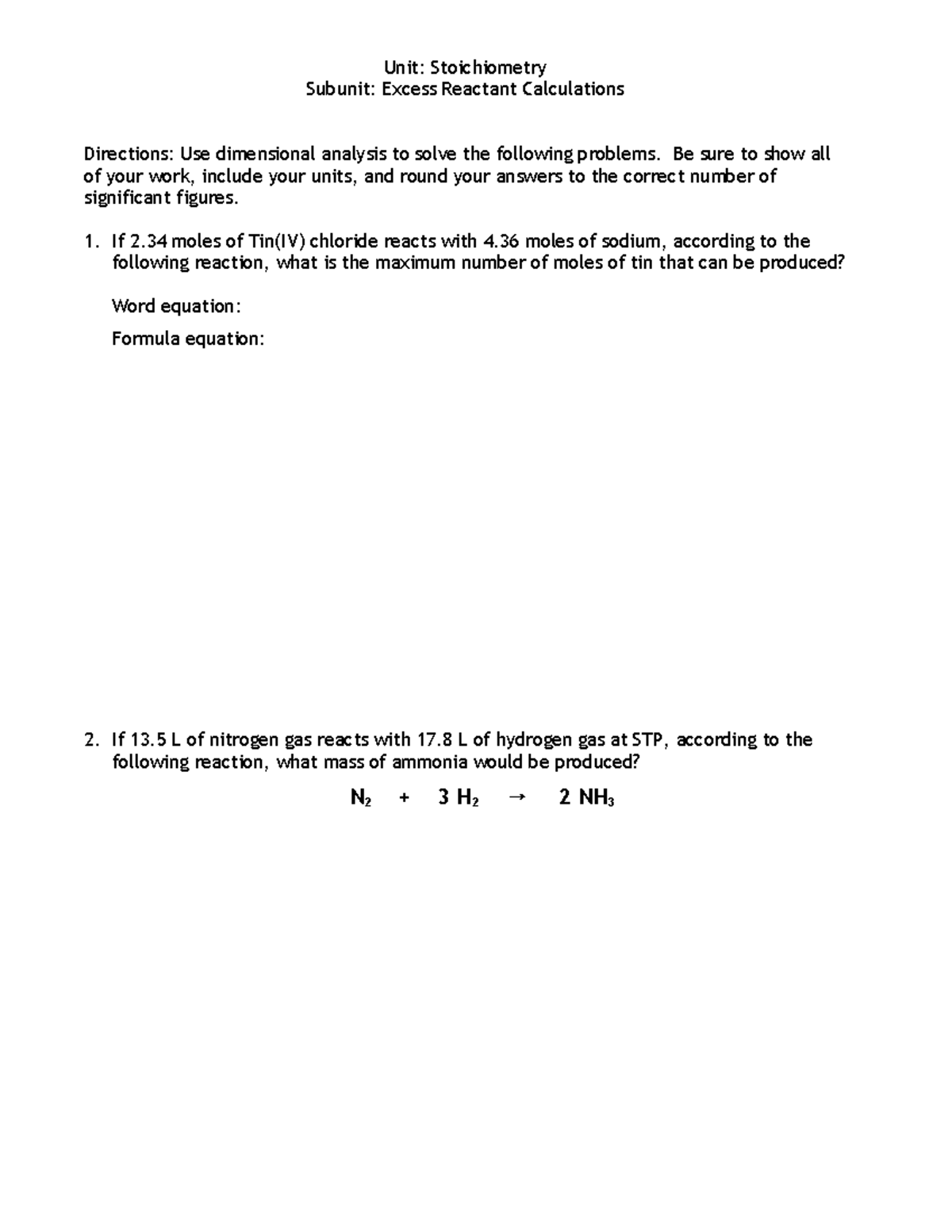 Excess Reactant Calculations Homework - Unit: Stoichiometry Subunit ...