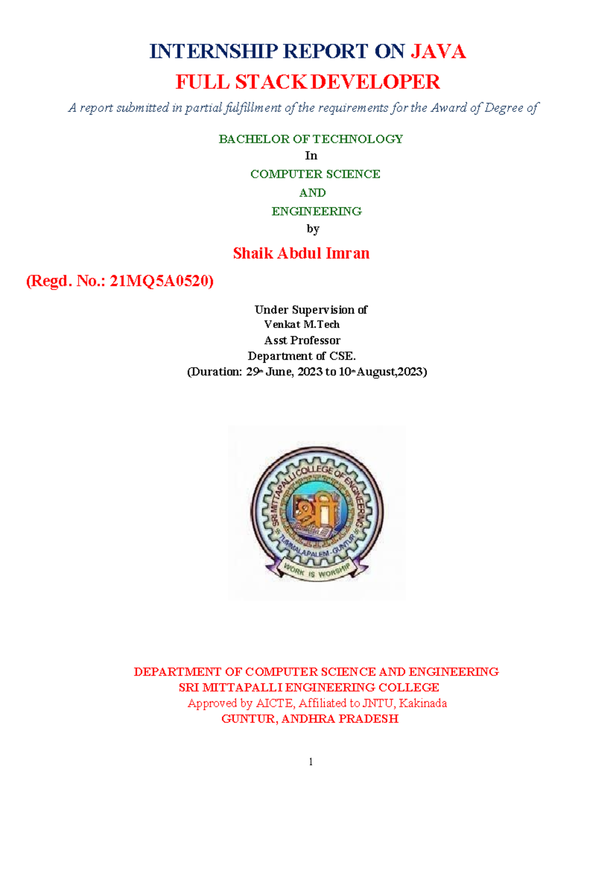 Tharun - horticulture - INTERNSHIP REPORT ON JAVA FULL STACK DEVELOPER A report submitted in ...