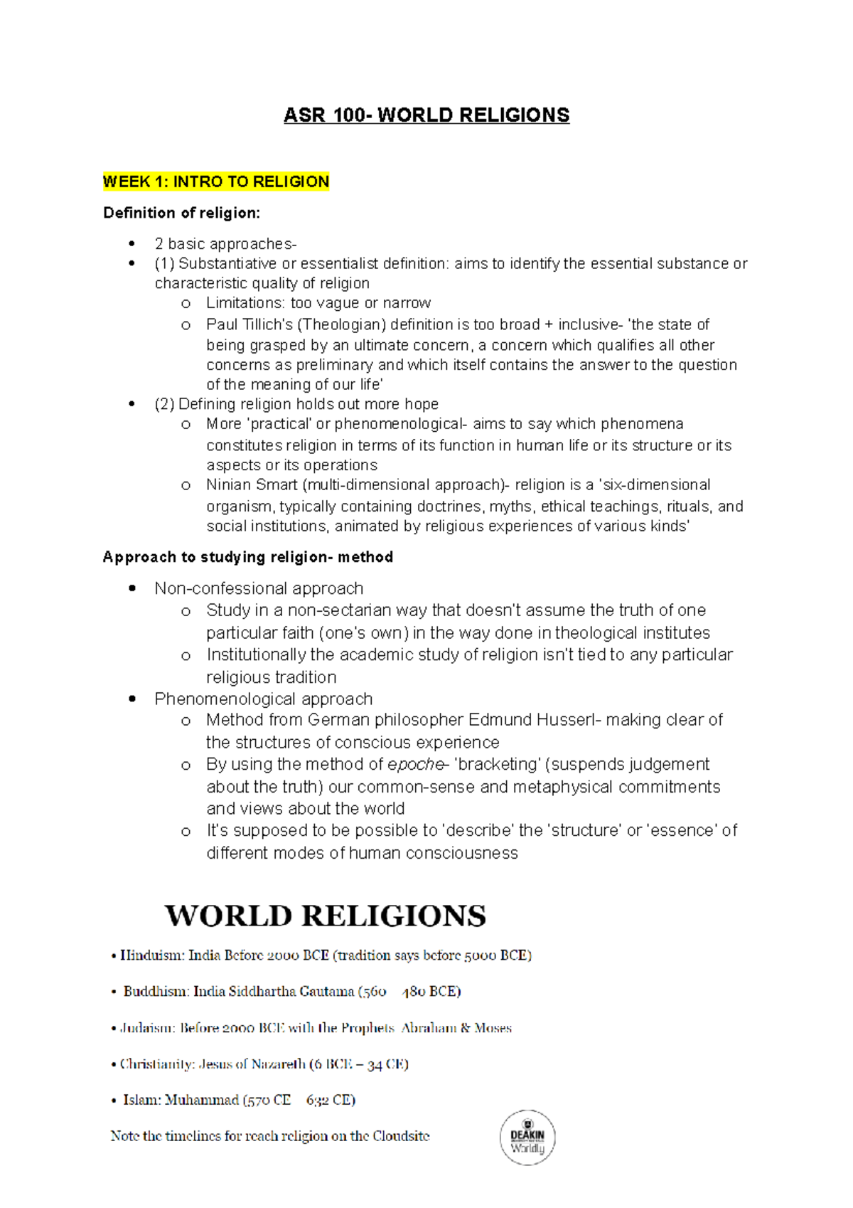 ASR 100- Notes - ASR 100- WORLD RELIGIONS WEEK 1: INTRO TO RELIGION ...