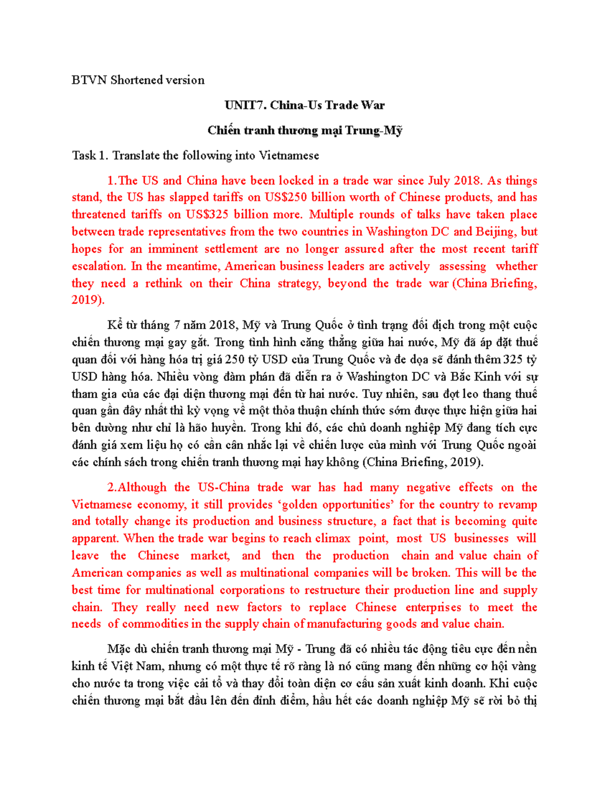 BTVN Shortened version - BTVN Shortened version UNIT7. China-Us Trade War Chiến tranh thương mại ...
