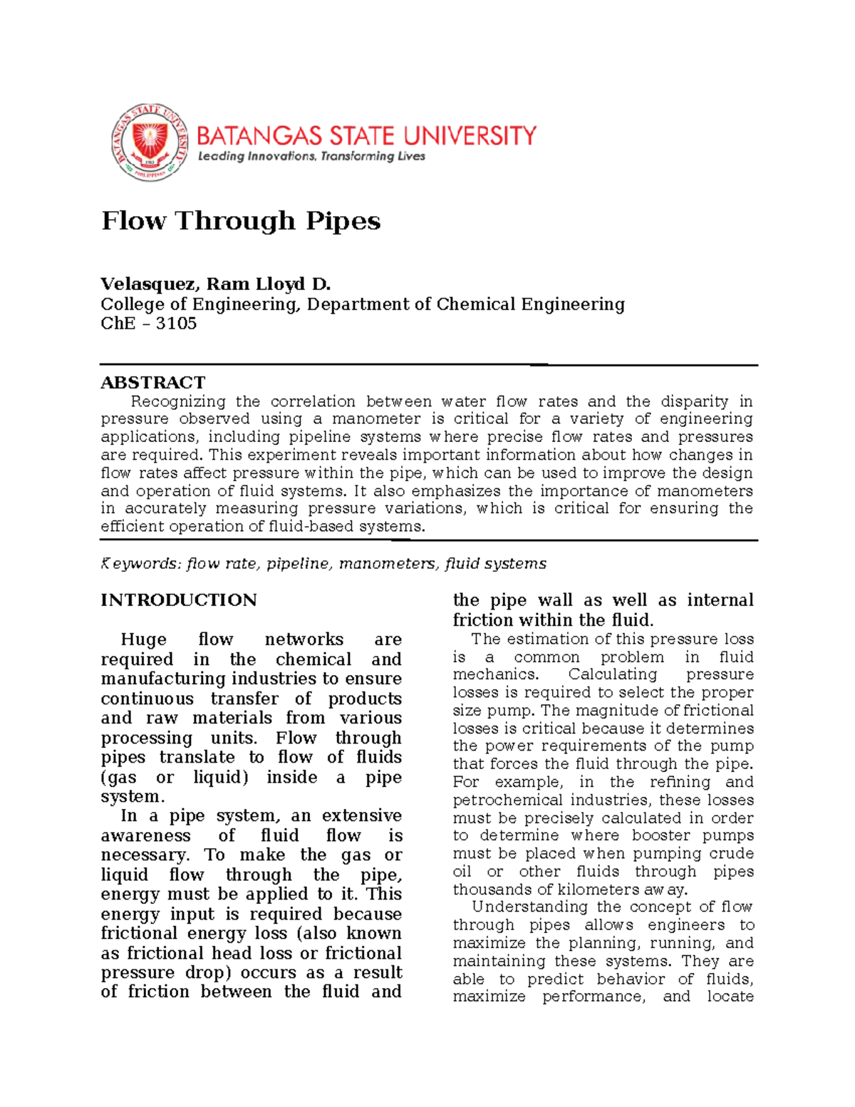 Flow Through Pipes - Flow Through Pipes Velasquez, Ram Lloyd D. College ...