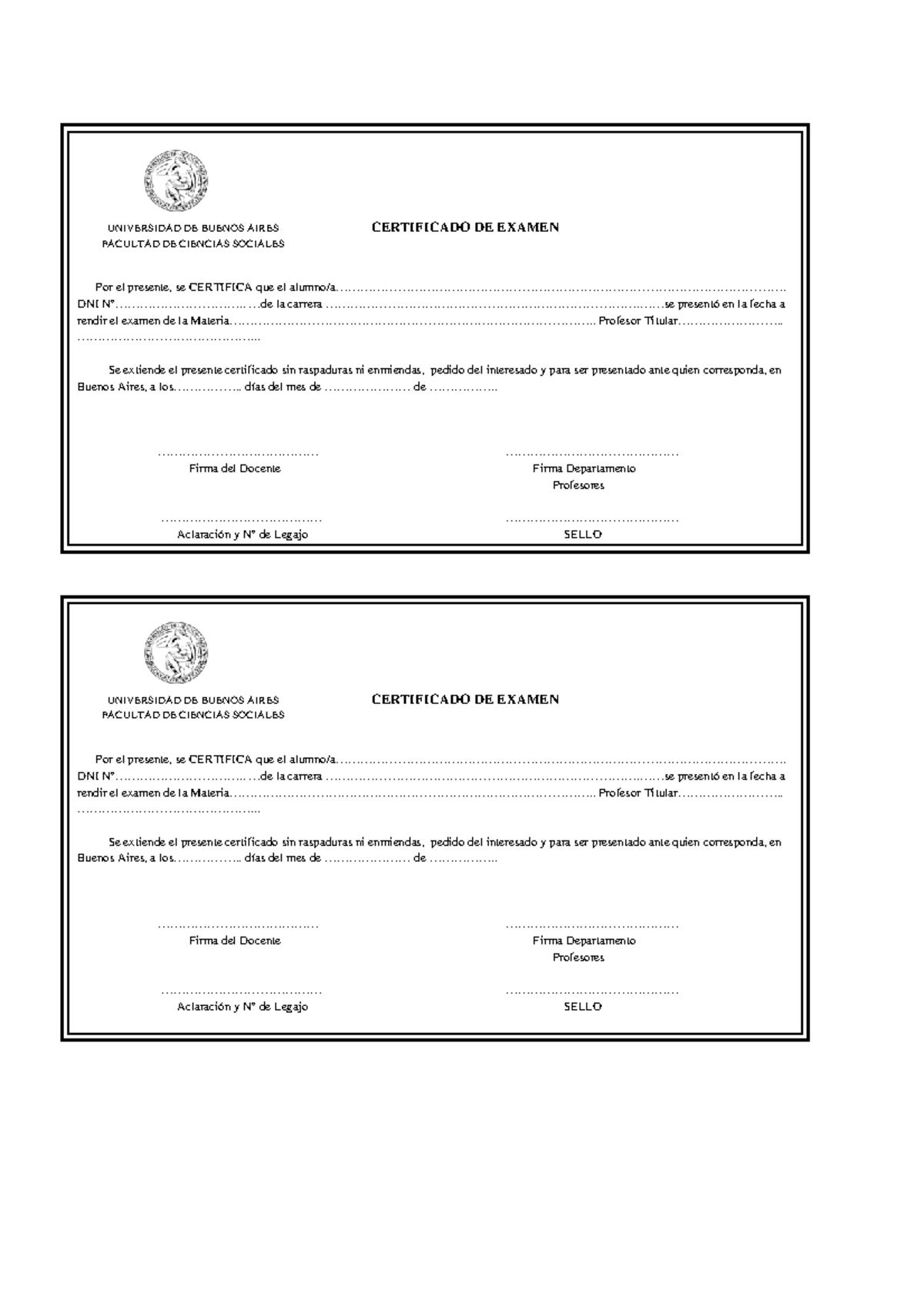Certificado de Exámen - UNIVERSIDAD DE BUENOS AIRES CERTIFICADO DE EXAMEN FACULTAD DE CIENCIAS ...