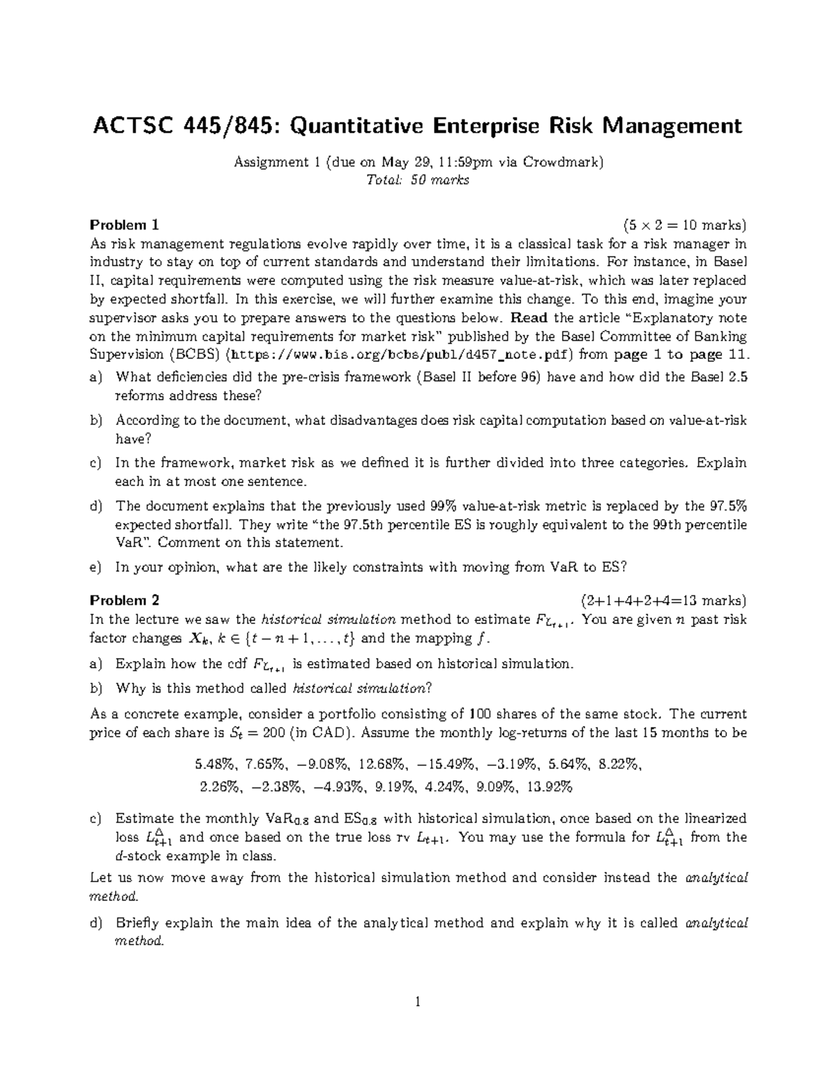 Homework Assignment 1 - Erik Hintz University of Waterloo Spring 2024 ACTSC 445/845 ...