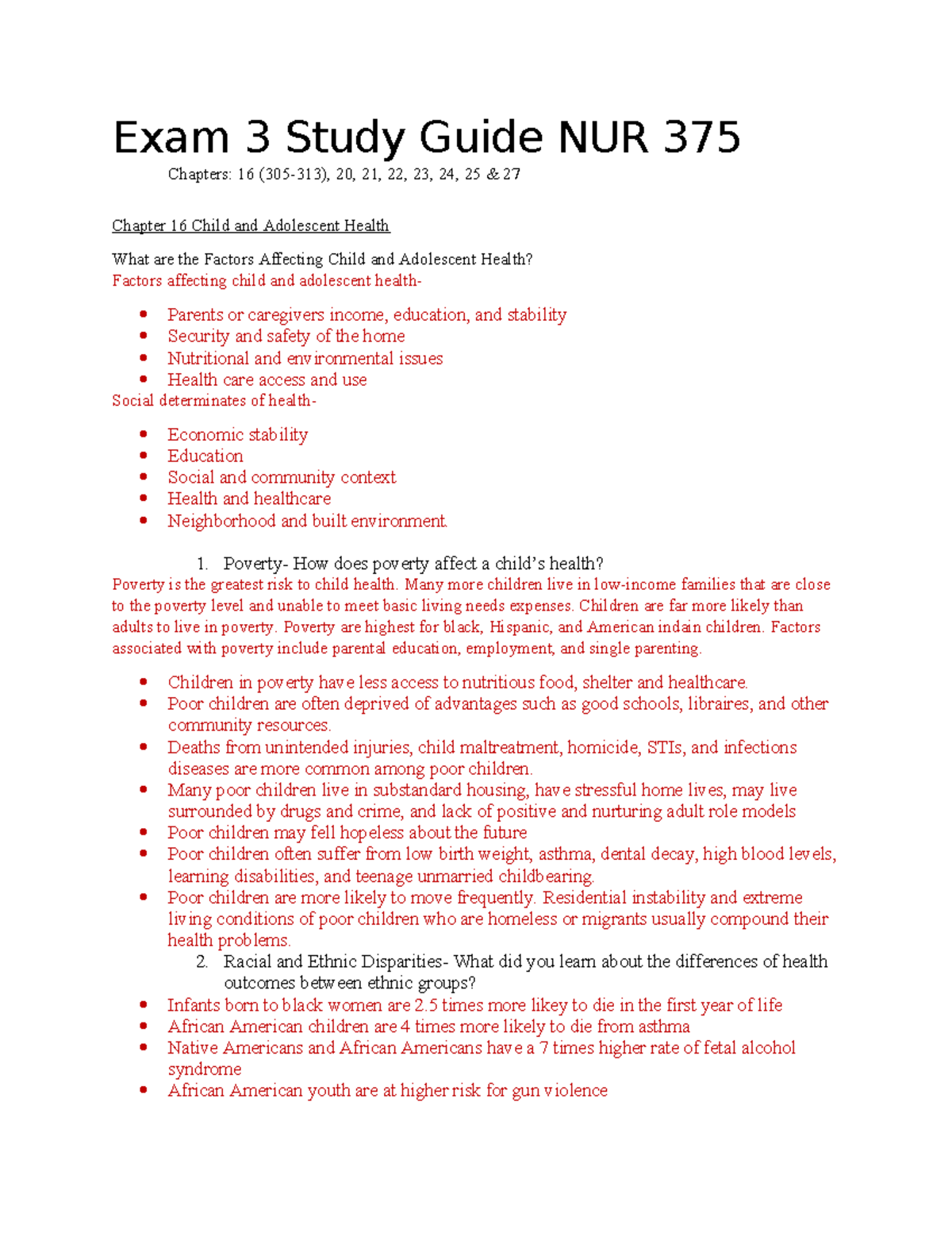Exam 3 Study Guide NUR 375 - Exam 3 Study Guide NUR 375 Chapters: 16 ...