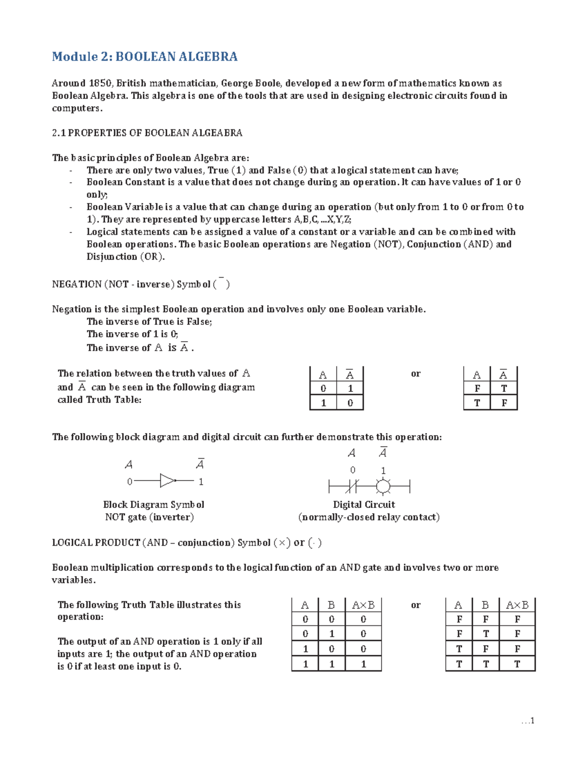 Chapter 2 notes - ... Module 2: BOOLEAN ALGEBRA Around 1850, British ...