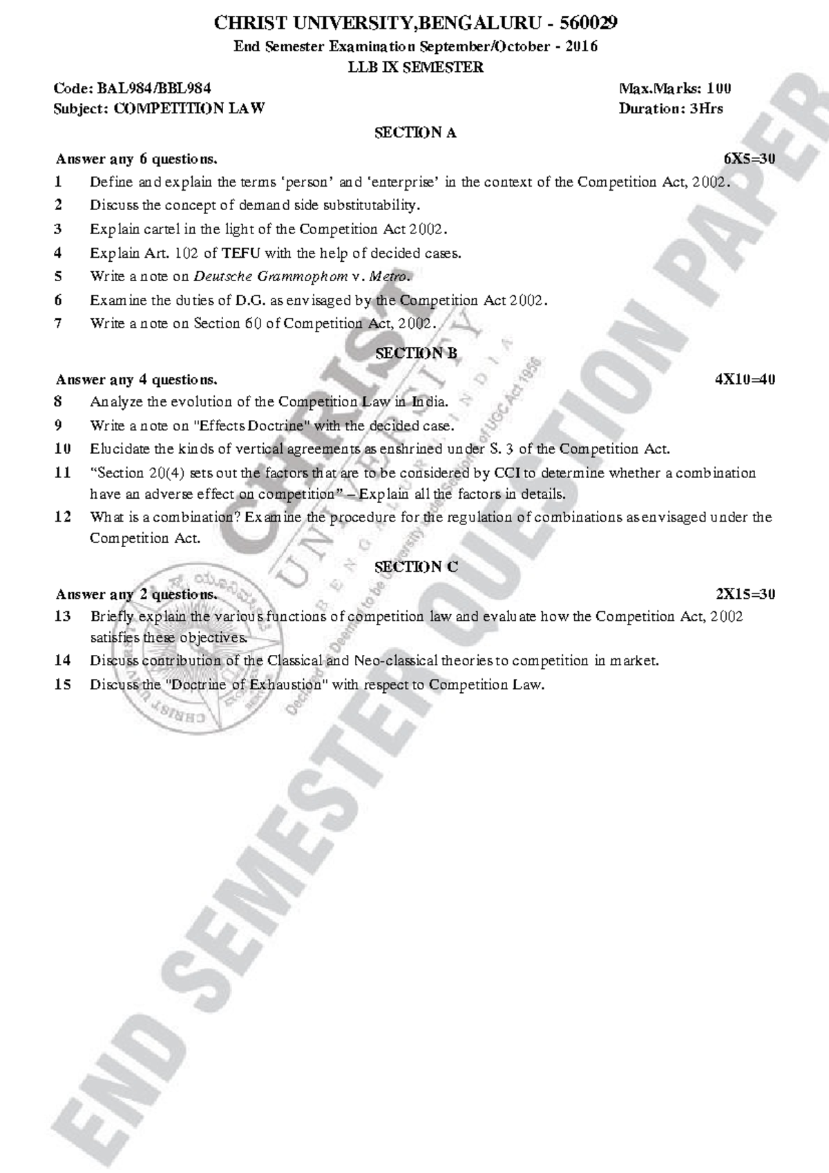 BAL984 - question paper - CHRIST UNIVERSITY,BENGALURU - 560029 End ...