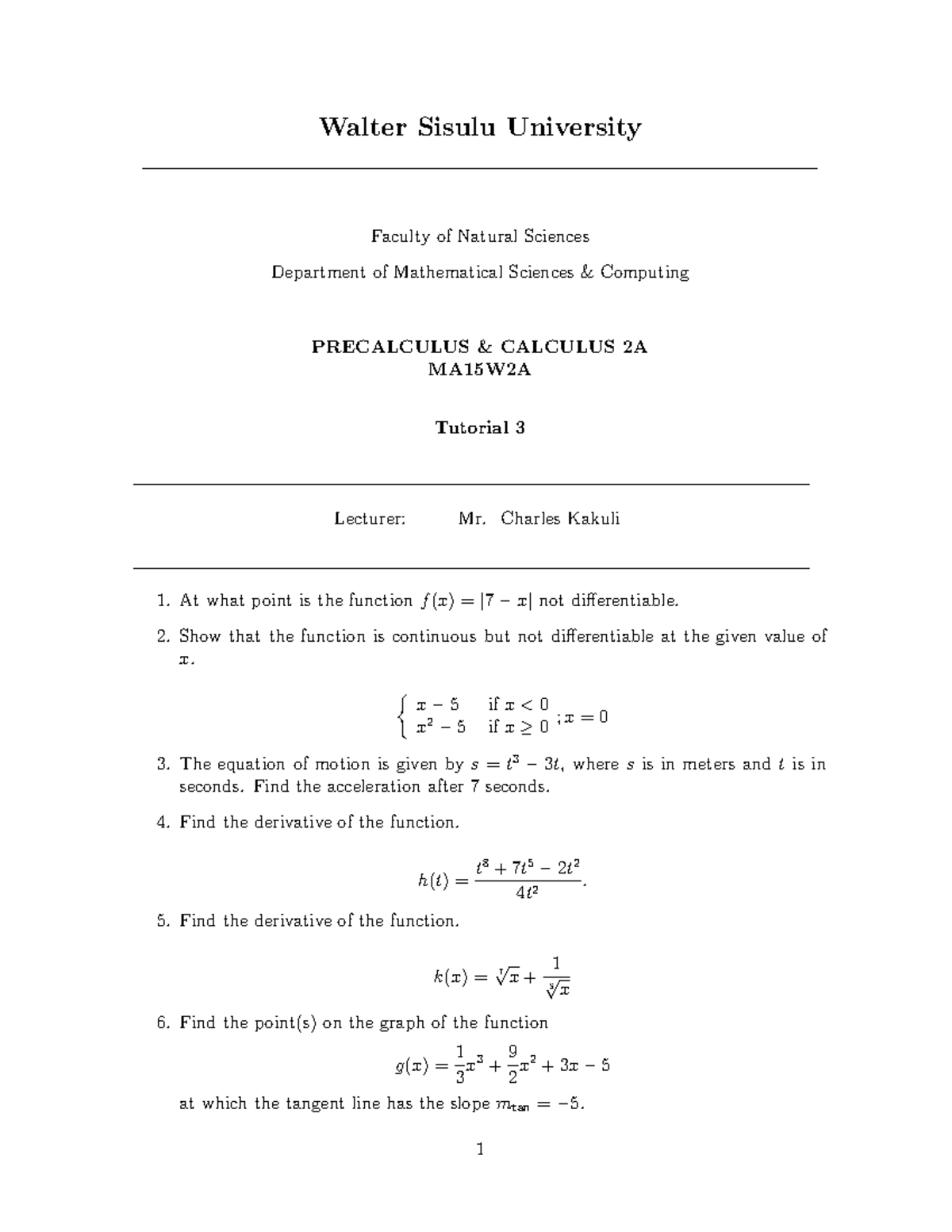 MA15W2A - Tut 3 - Tutorial Problems - Walter Sisulu University Faculty ...