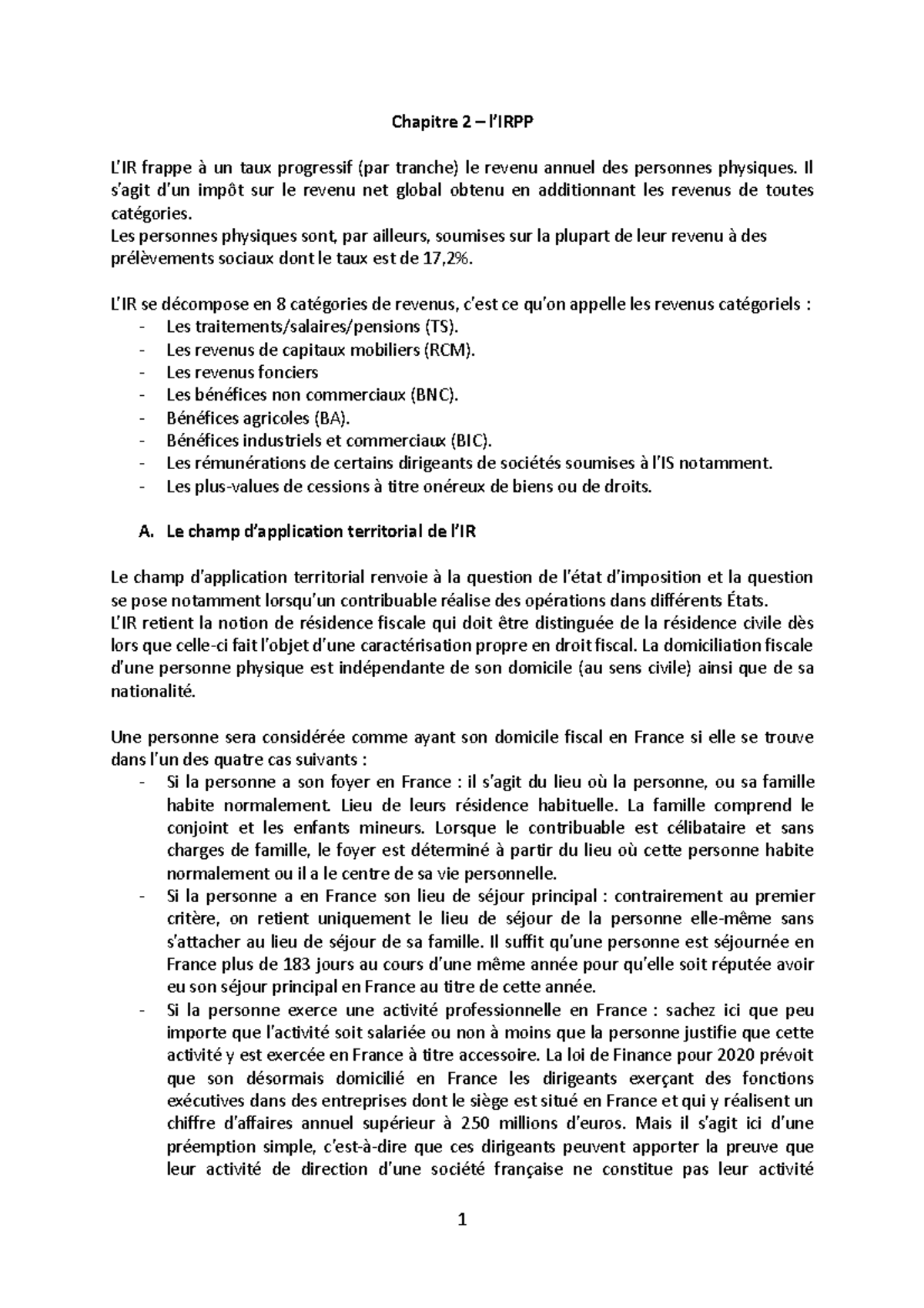 Chapitre 2 - l'IRPP - impôt sur les revenus - Chapitre 2 – l’IRPP L’IR ...
