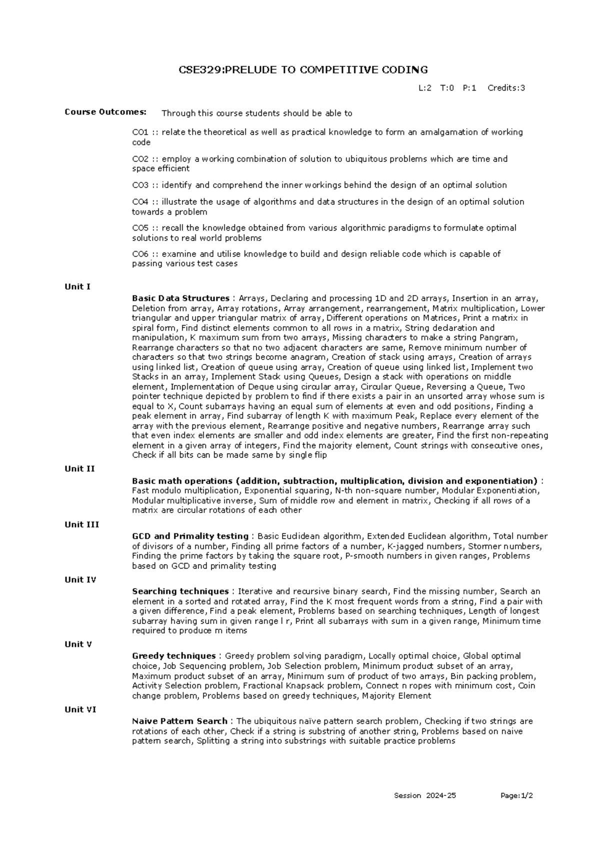 Prelude TO Competitive Coding - CSE329:PRELUDE TO COMPETITIVE CODING Course Outcomes: CO1 ...