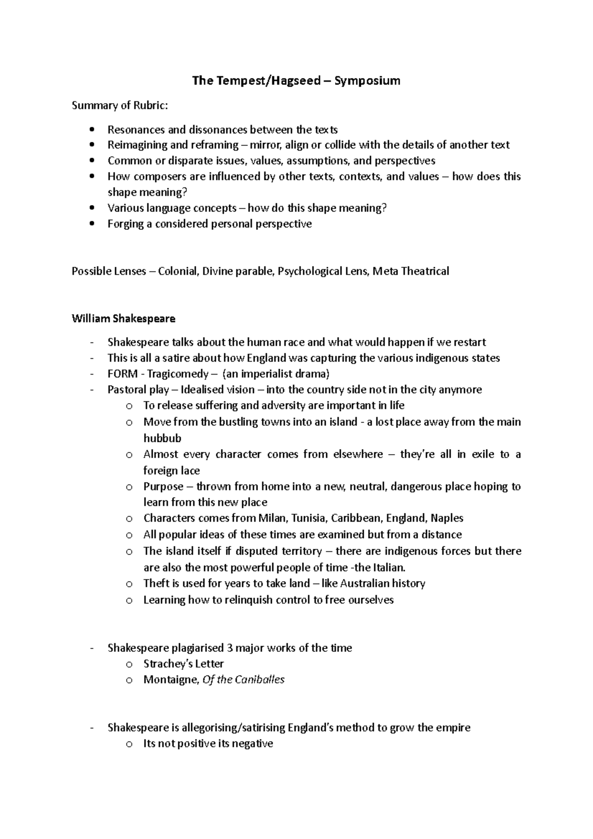 The Tempest Notes - The Tempest/Hagseed – Symposium Summary of Rubric ...