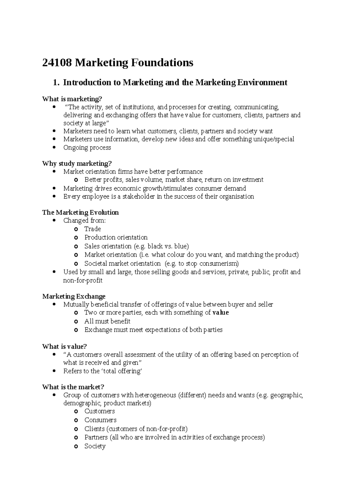 Marketing notes - 24108 Marketing Foundations 1. Introduction to ...