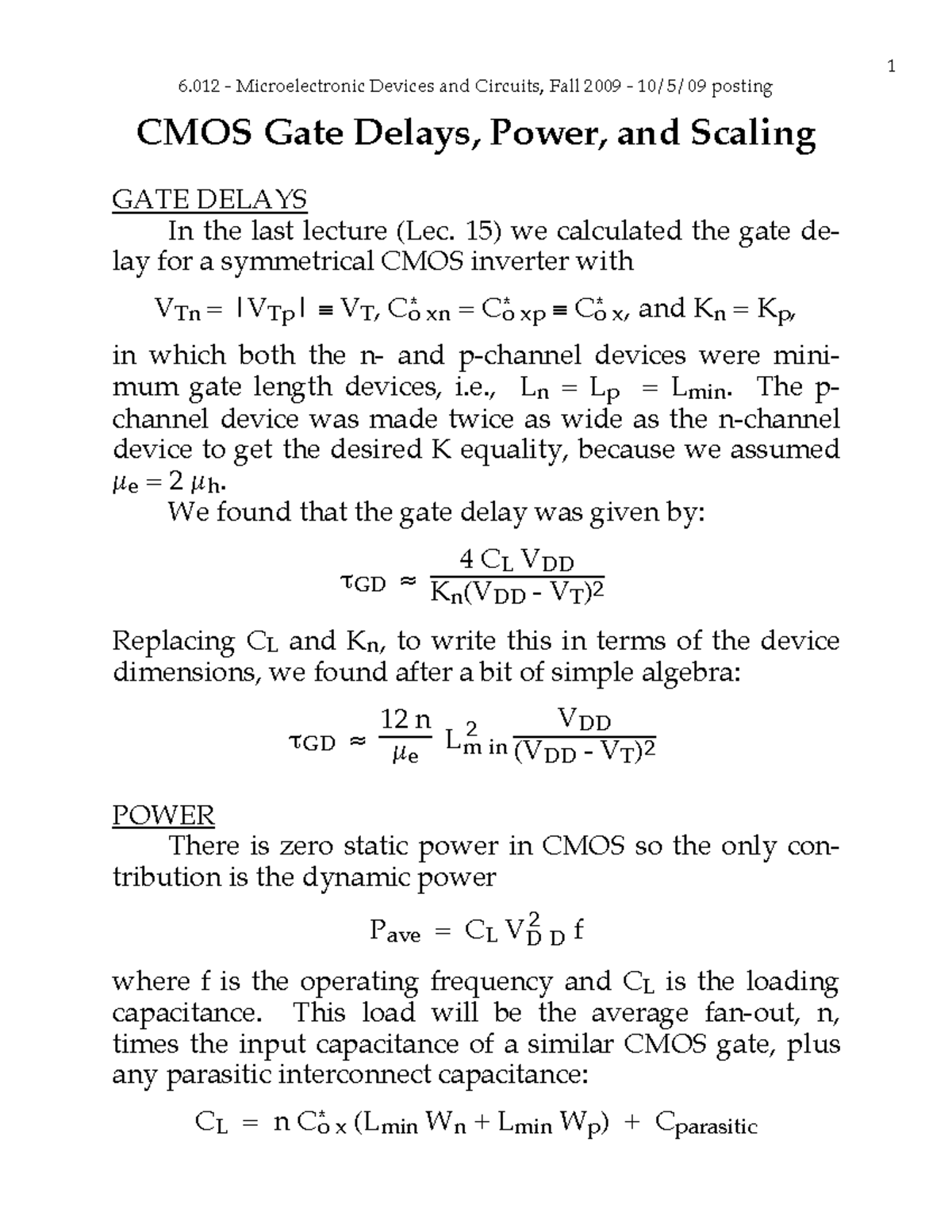 CMOS Power Scaling Notes - 1 6 - Microelectronic Devices and Circuits ...