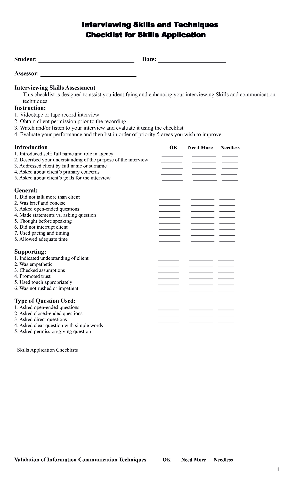 Chapter health assessment - Interviewing Skills and Techniques Checklist for Skills Application ...