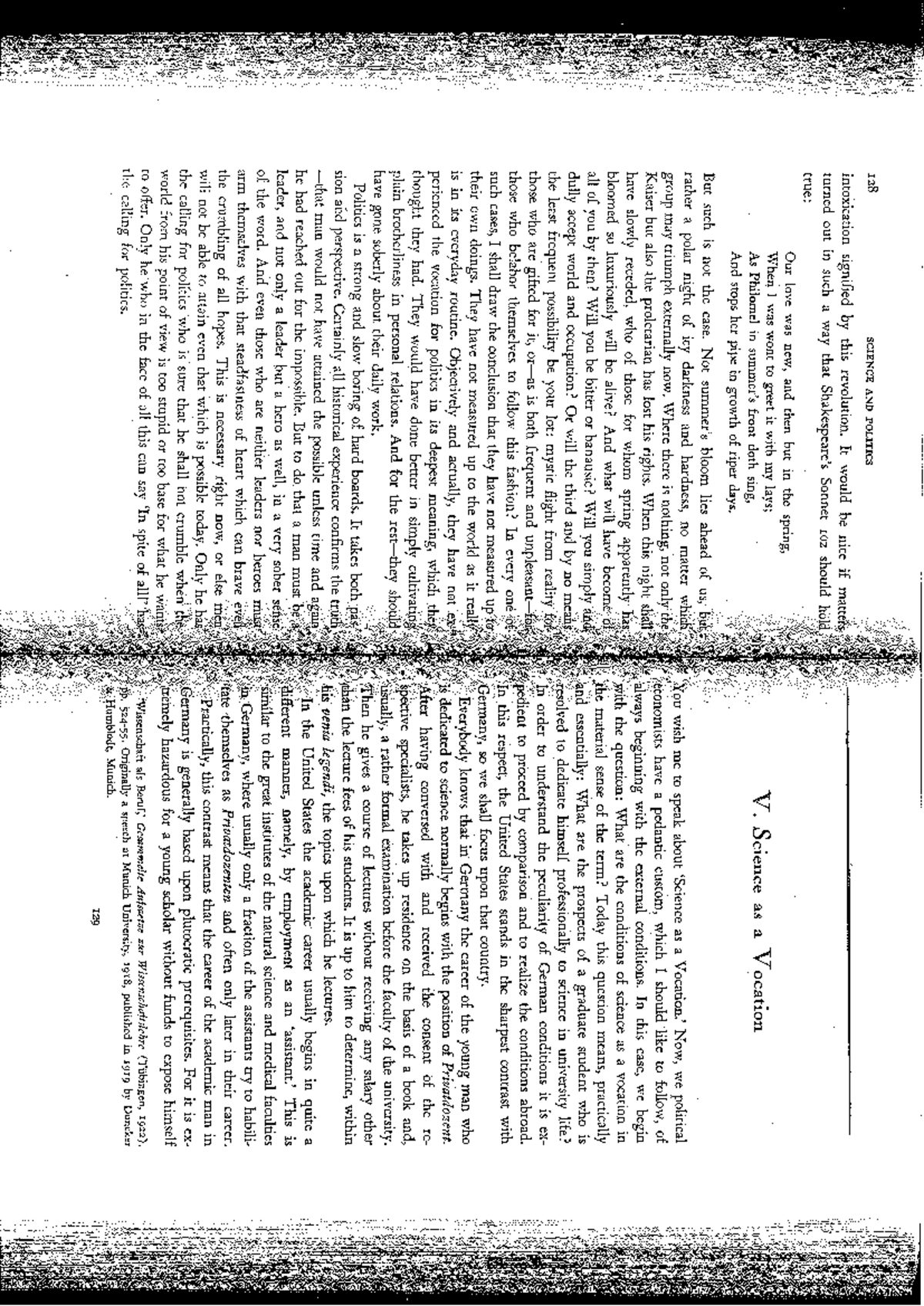 Weber Science As A Vocation - 128 SCIENCE AND POLITICS intoxication ...