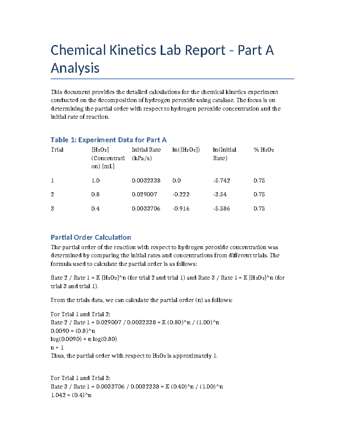 Chemical Kinetics Lab Report Part A Analysis - The focus is on ...