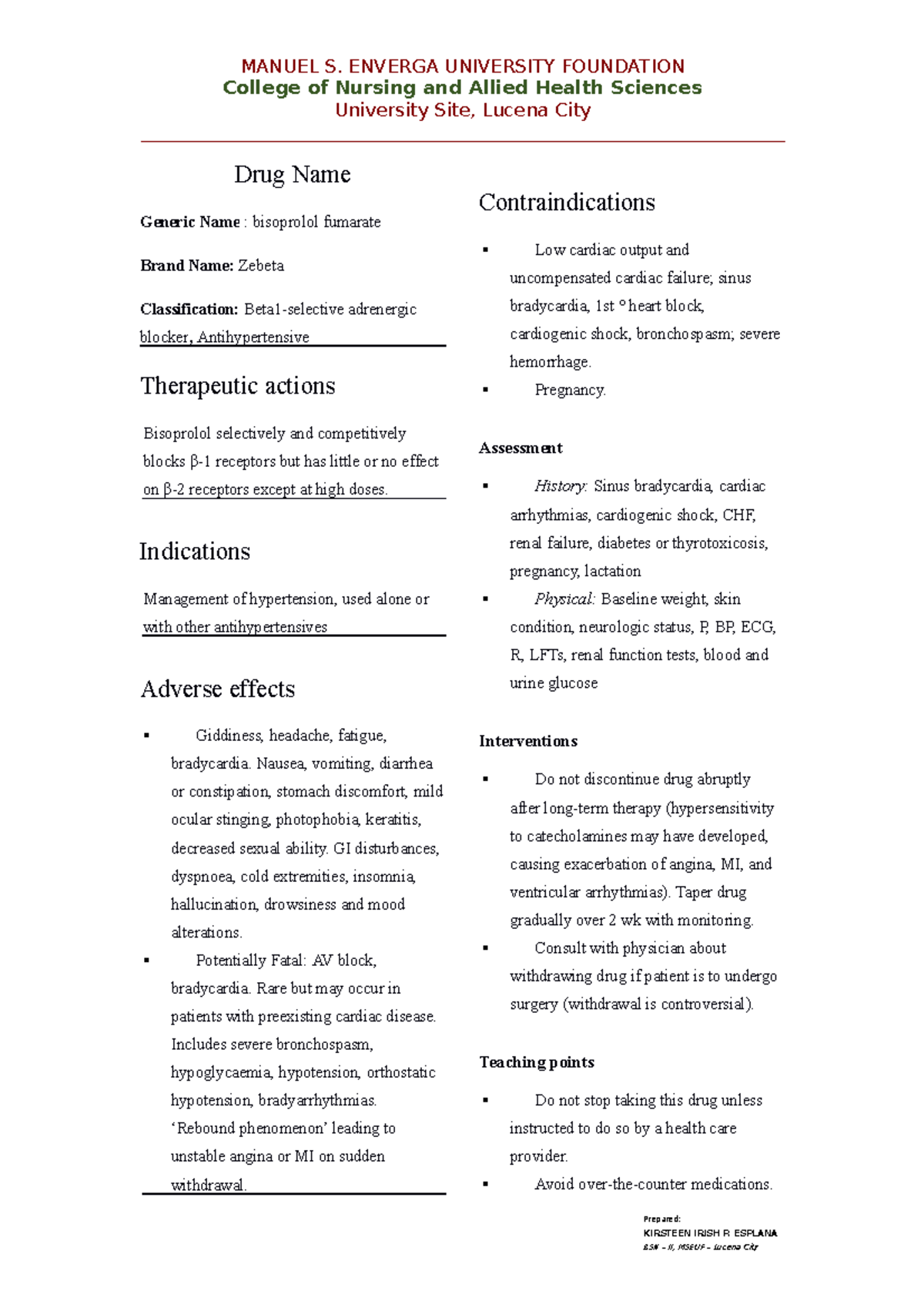 Bisoprolol fumarate - DRUG Study - MANUEL S. ENVERGA UNIVERSITY ...